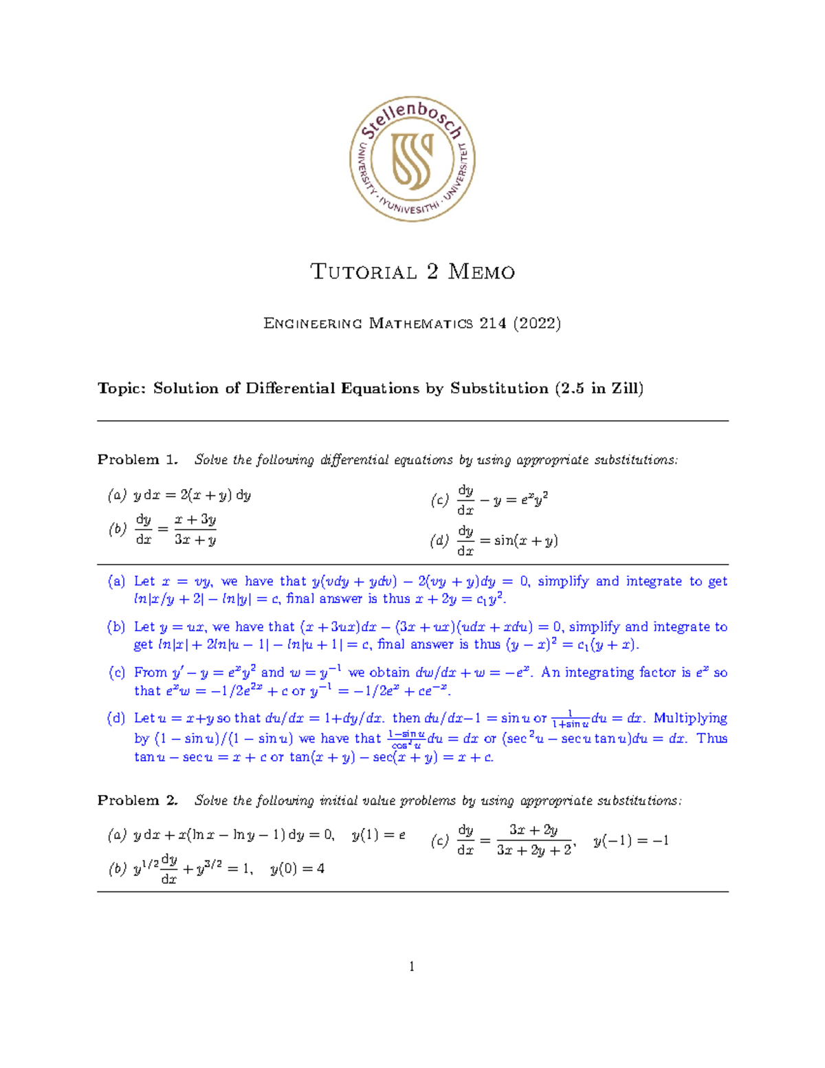 EM 214-Memo2 - tut memo - Tutorial 2 Memo Engineering Mathematics 214 (2022) Topic: Solution of ...