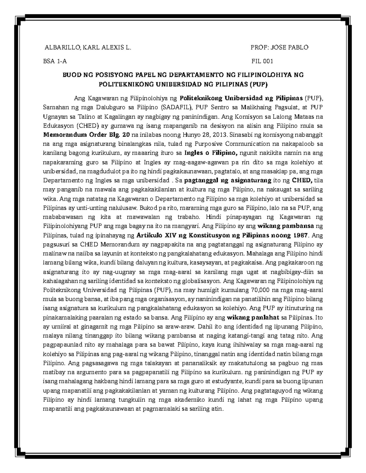 blahhhh that b acc - ALBARILLO, KARL ALEXIS L. PROF: JOSE PABLO BSA 1-A ...