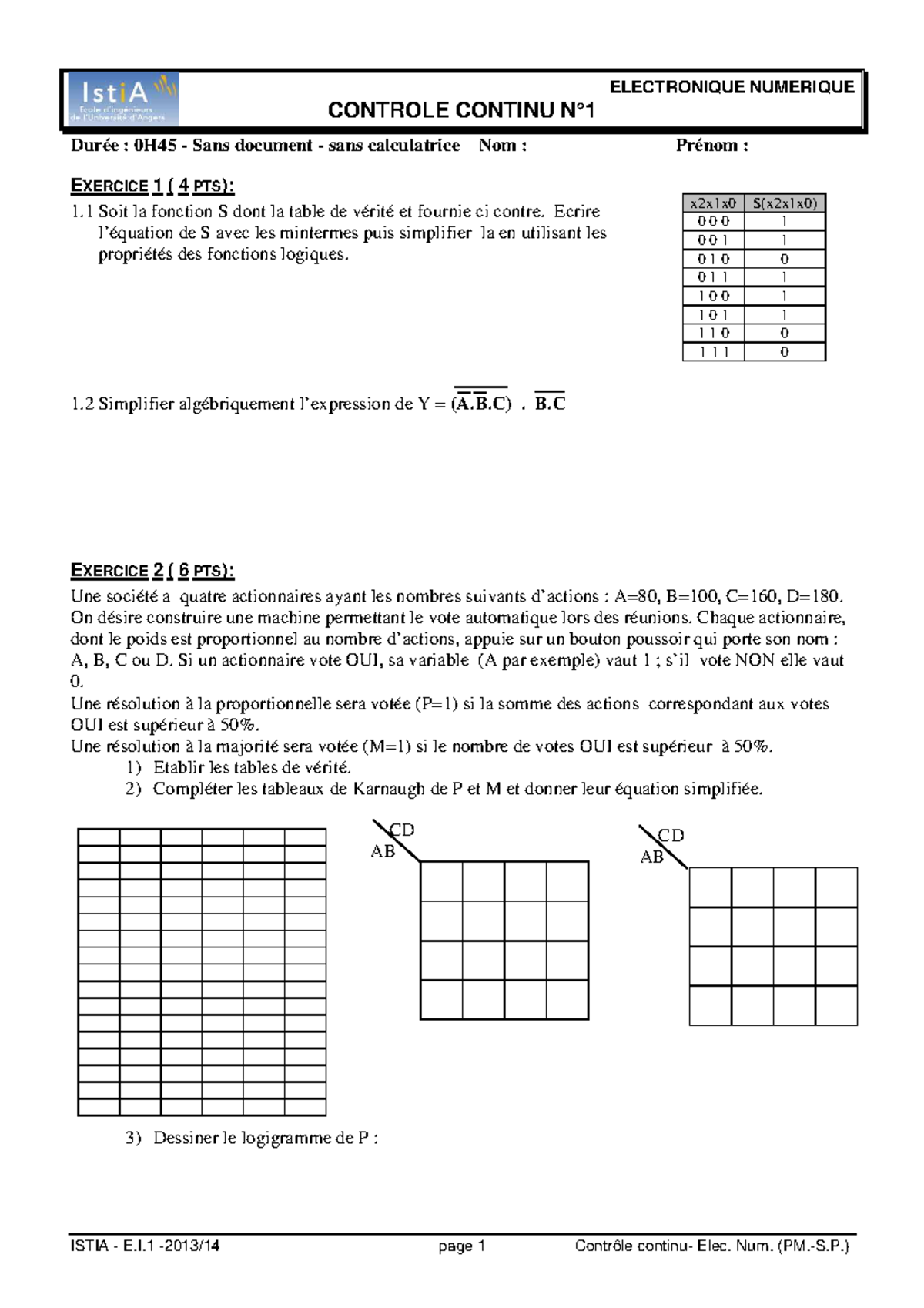 Electronique Numérique CC1 2013 2014 - ISTIA - E.I -2013/14 page 1 ...