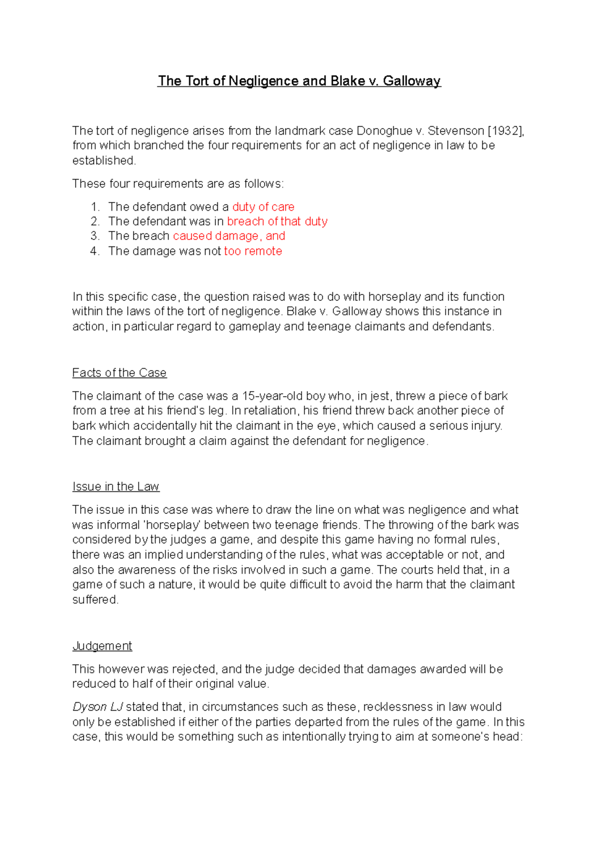 The Tort of Negligence and Blake v Galloway - The Tort of Negligence ...