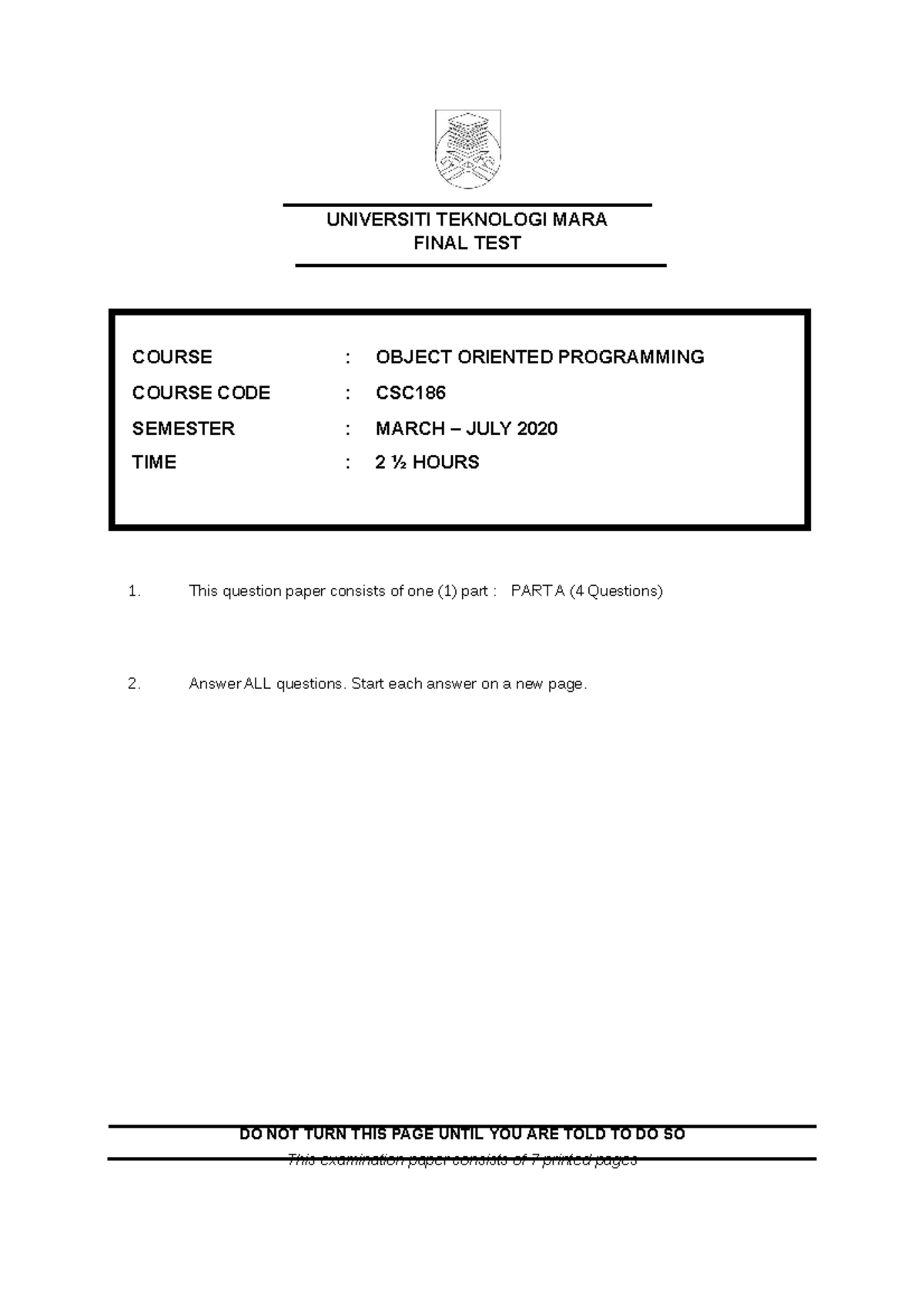 CSC186-Final Test Mac July 2020 - UNIVERSITI TEKNOLOGI MARA FINAL TEST ...