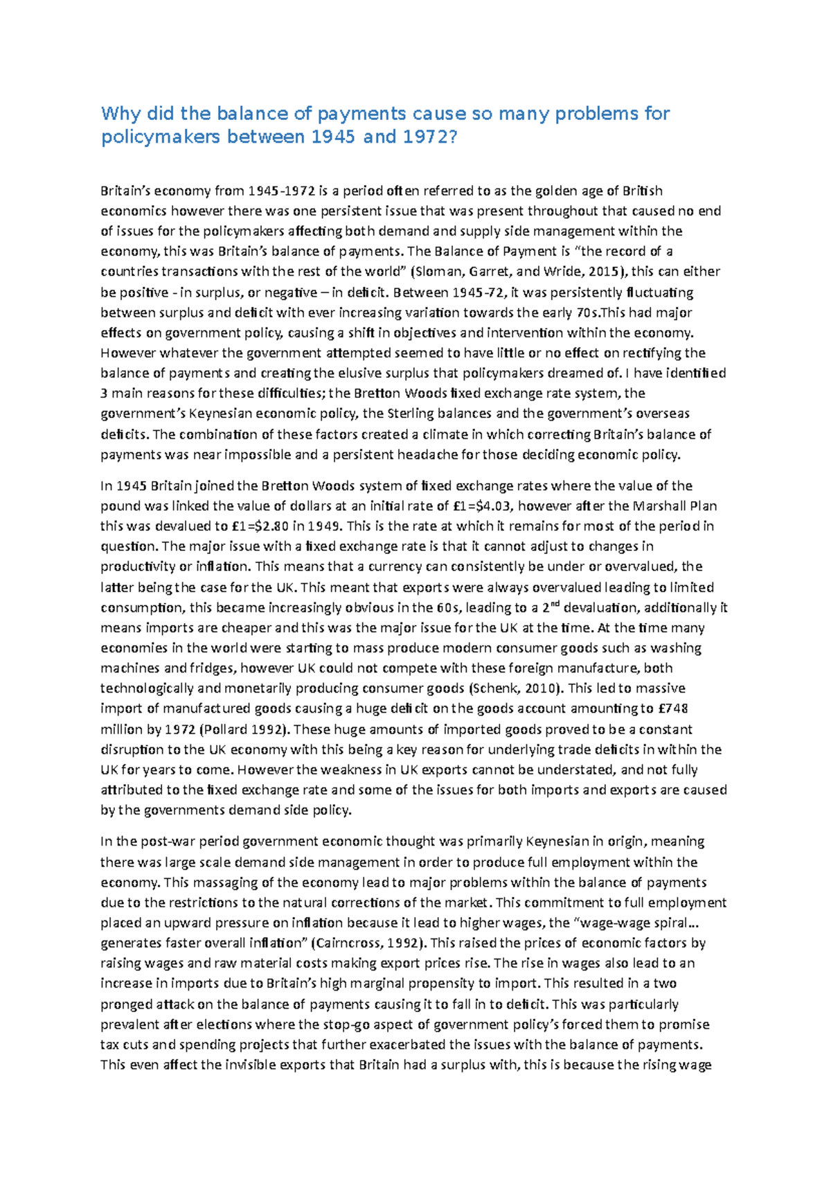 Example Essay For the Course - Why did the balance of payments cause so ...