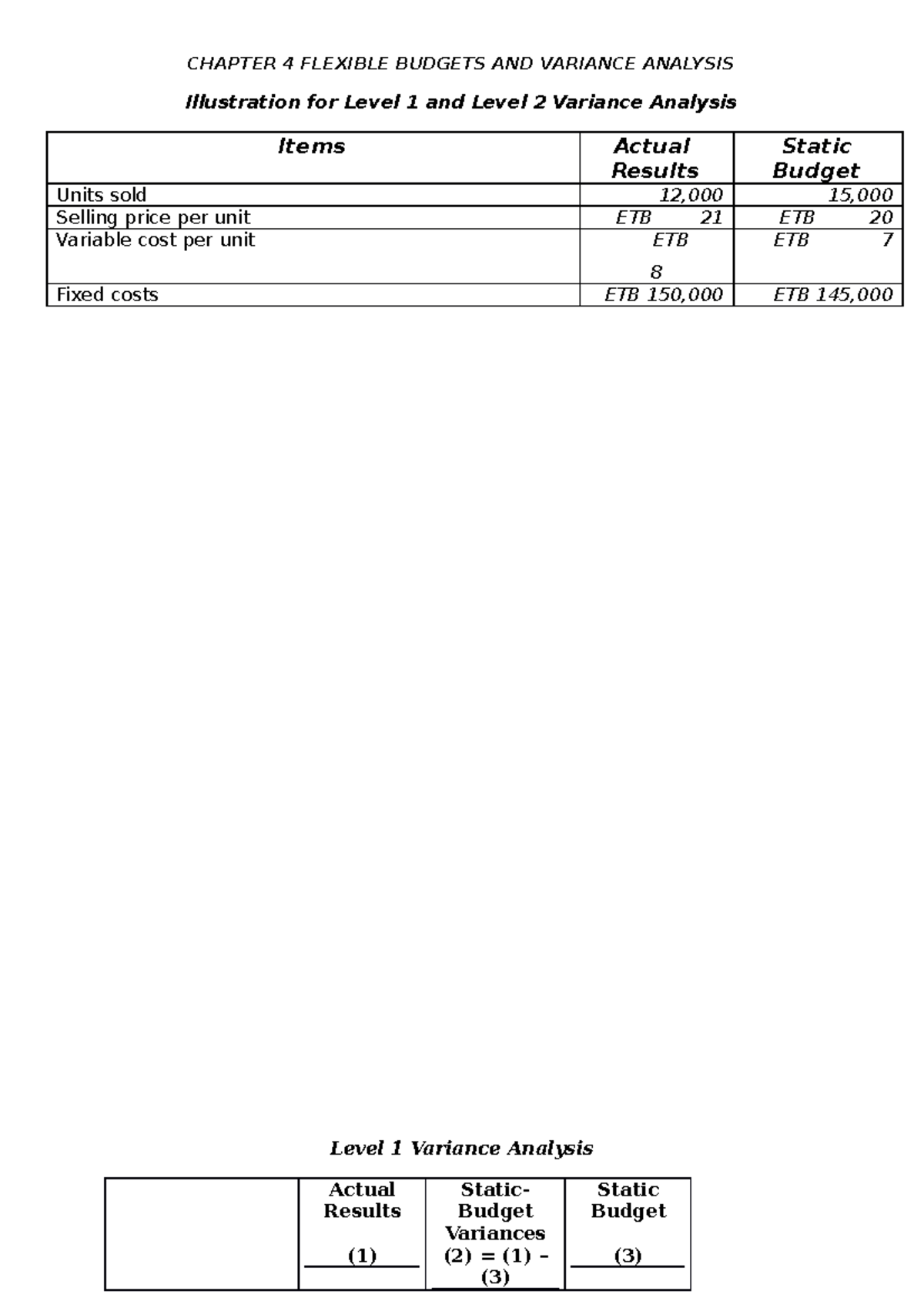 Illustration for Level 1 and Level 2 Variance Analysis - CHAPTER 4 ...