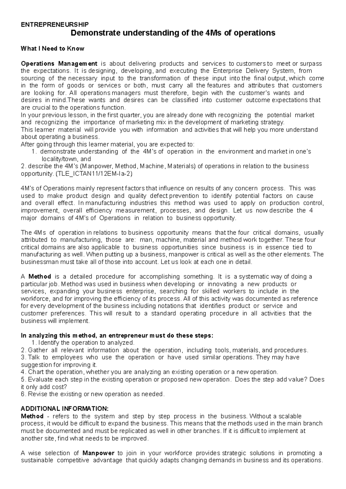 Entrepreneurship 4MS - ENTREPRENEURSHIP Demonstrate understanding of ...