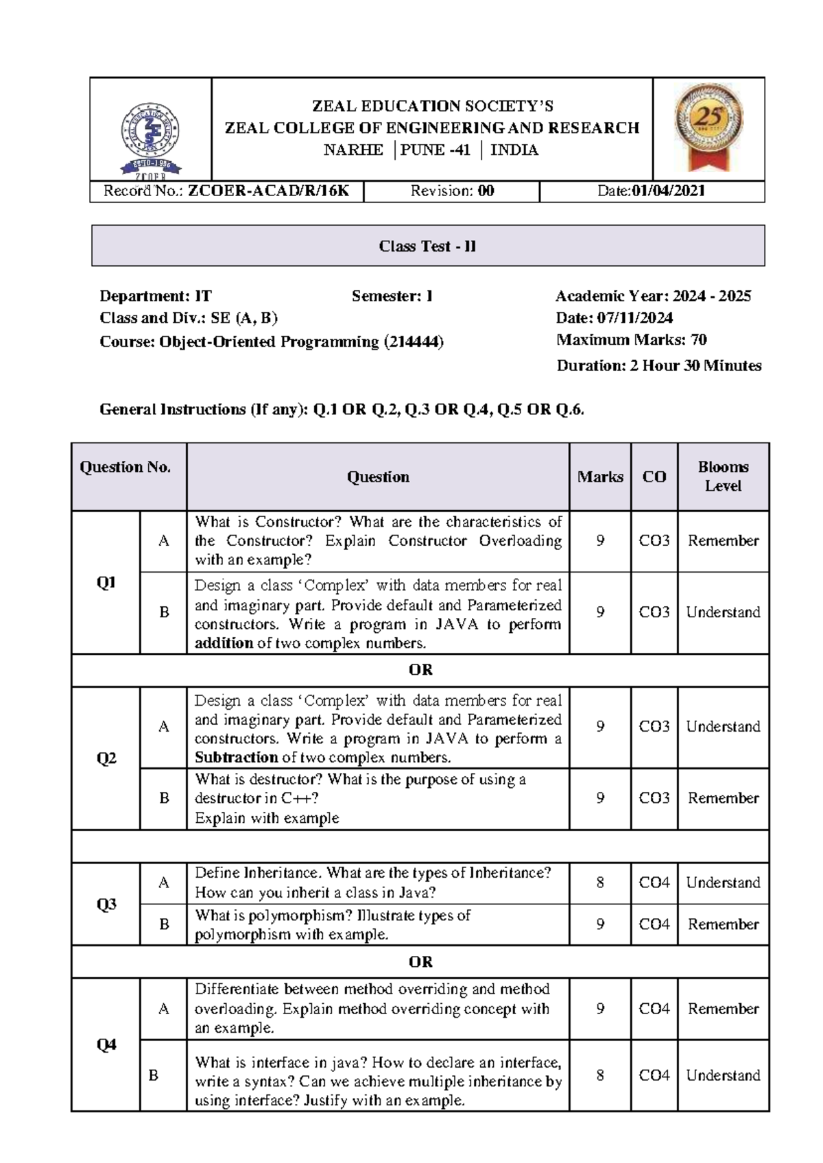 Class Test-II Paper OOP - Class Test - II ZEAL EDUCATION SOCIETY’S ZEAL ...