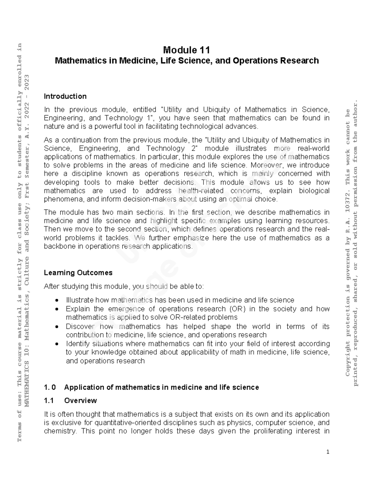 MATH 10 Module 11 Mathematics in Medicine, Life Sciences and Operations ...