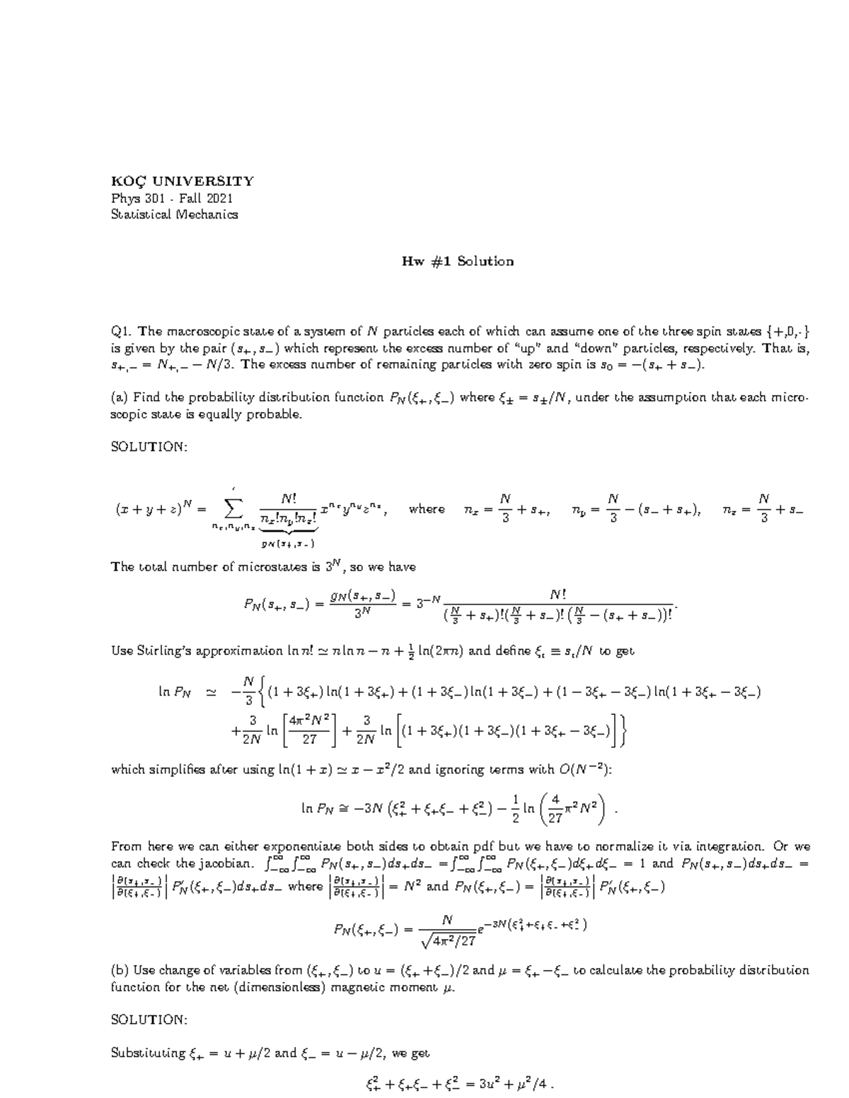 Hw1 sol - homeworks - KOC ̧ UNIVERSITY Phys 301 - Fall 2021 Statistical Mechanics Hw #1 Solution ...