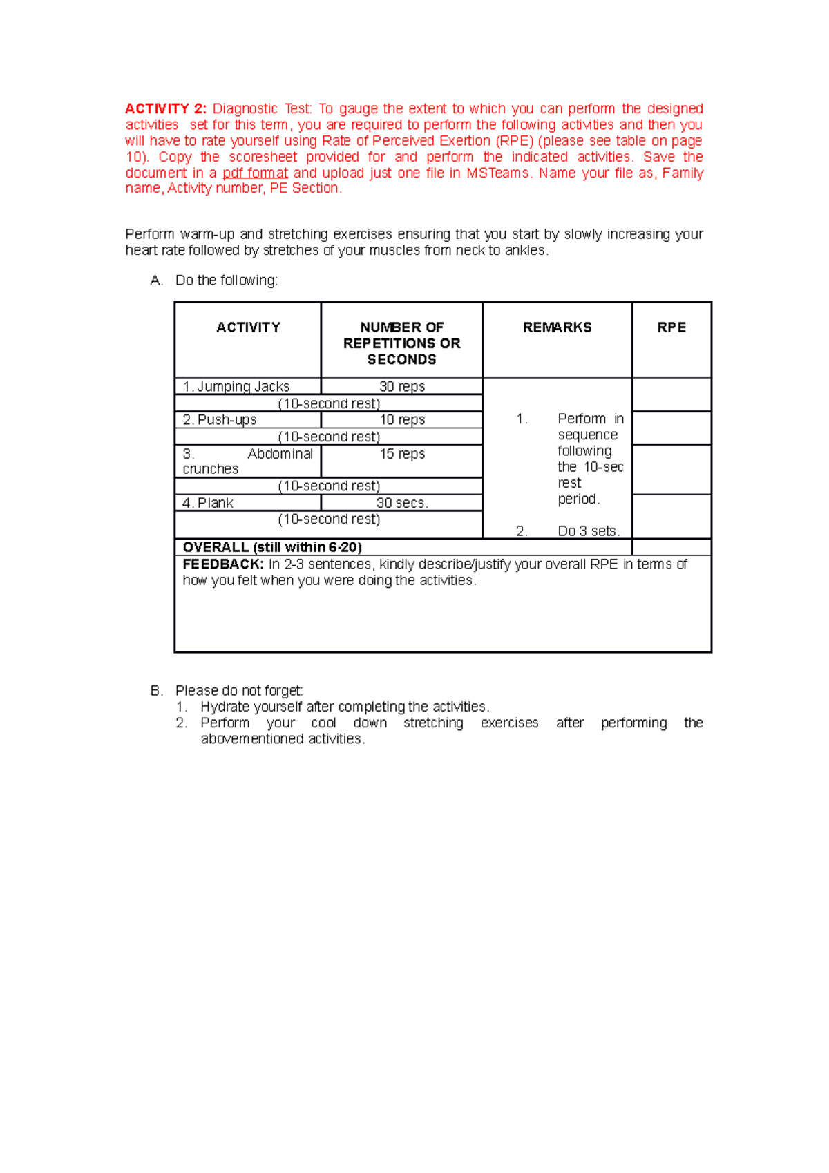 Activity 2 Scoresheet - PHYSICAL ED - ACTIVITY 2: Diagnostic Test: To ...