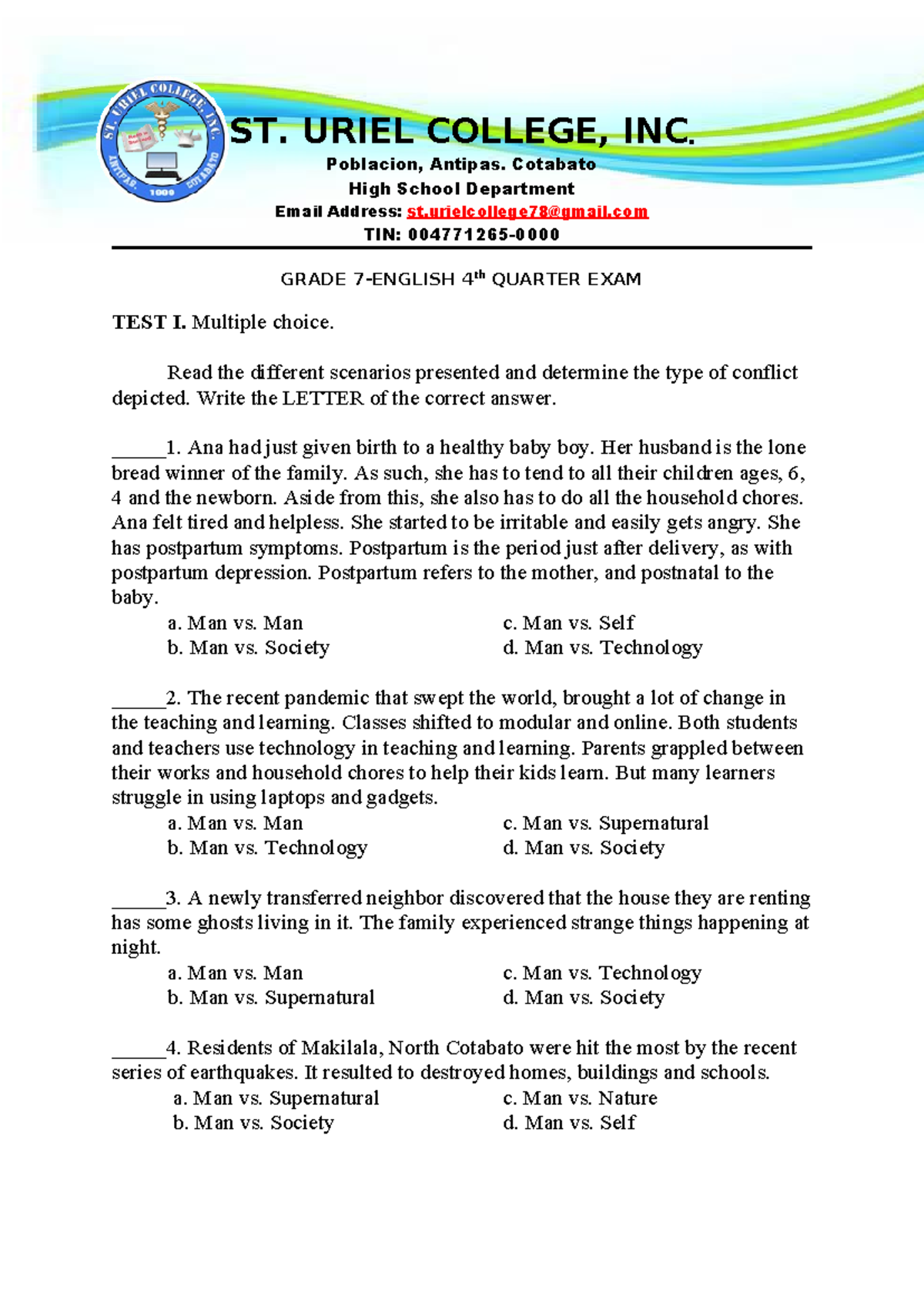 Grade 7 Final EXAM - None - ST. URIEL COLLEGE, INC. Poblacion, Antipas ...