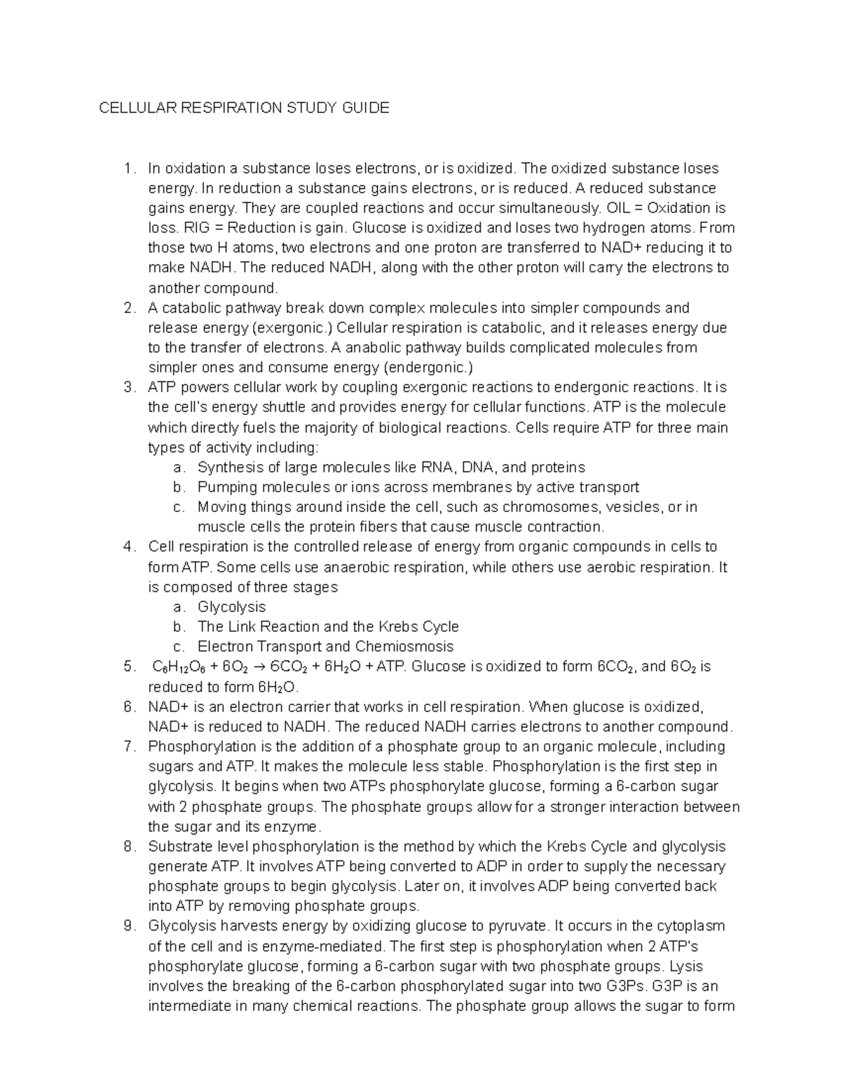 Biology Cell Respiration Study Guide - CELLULAR RESPIRATION STUDY GUIDE ...