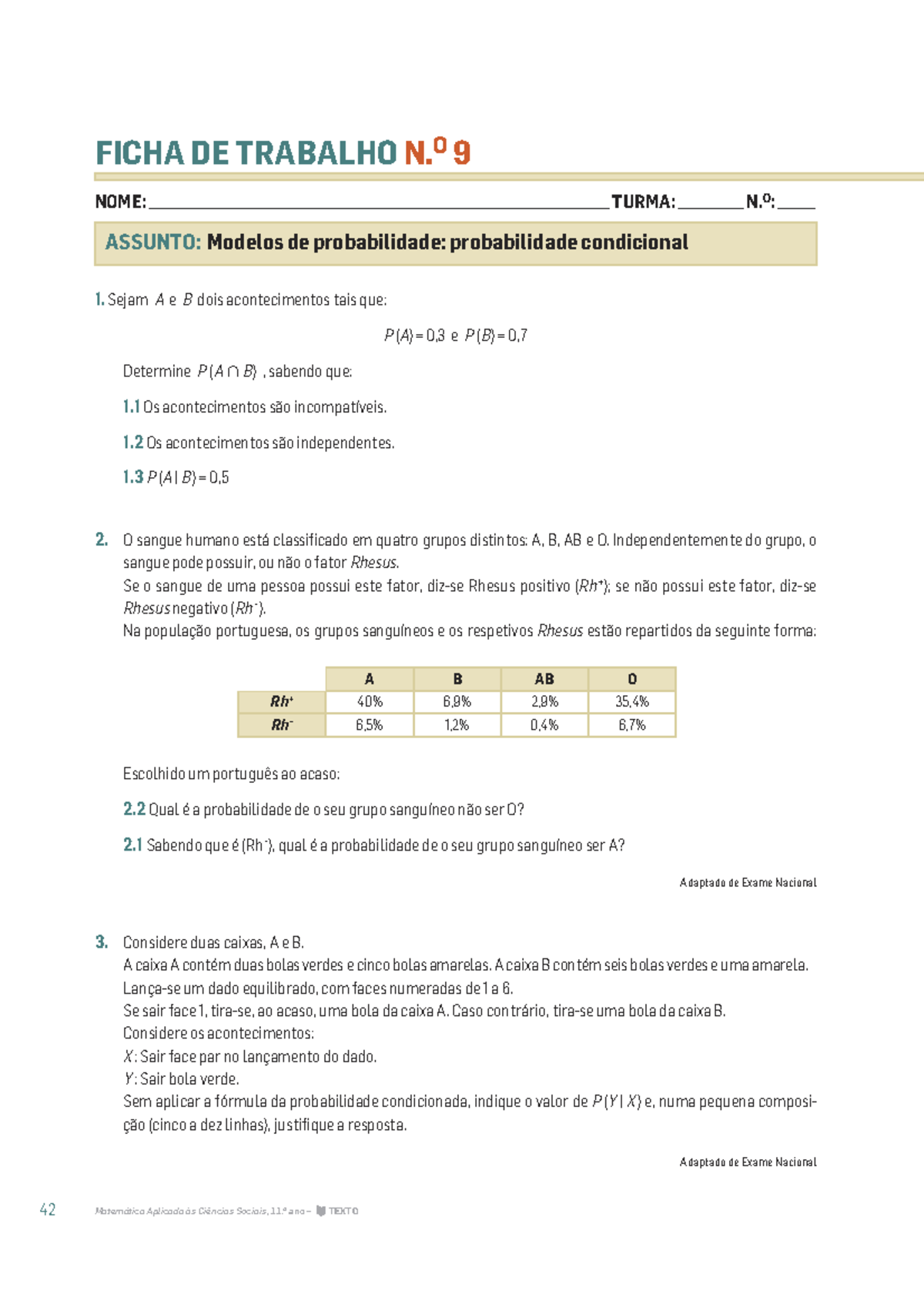 Ficha 2 probabilidades - macs 11º - ASSUNTO: Modelos de probabilidade ...
