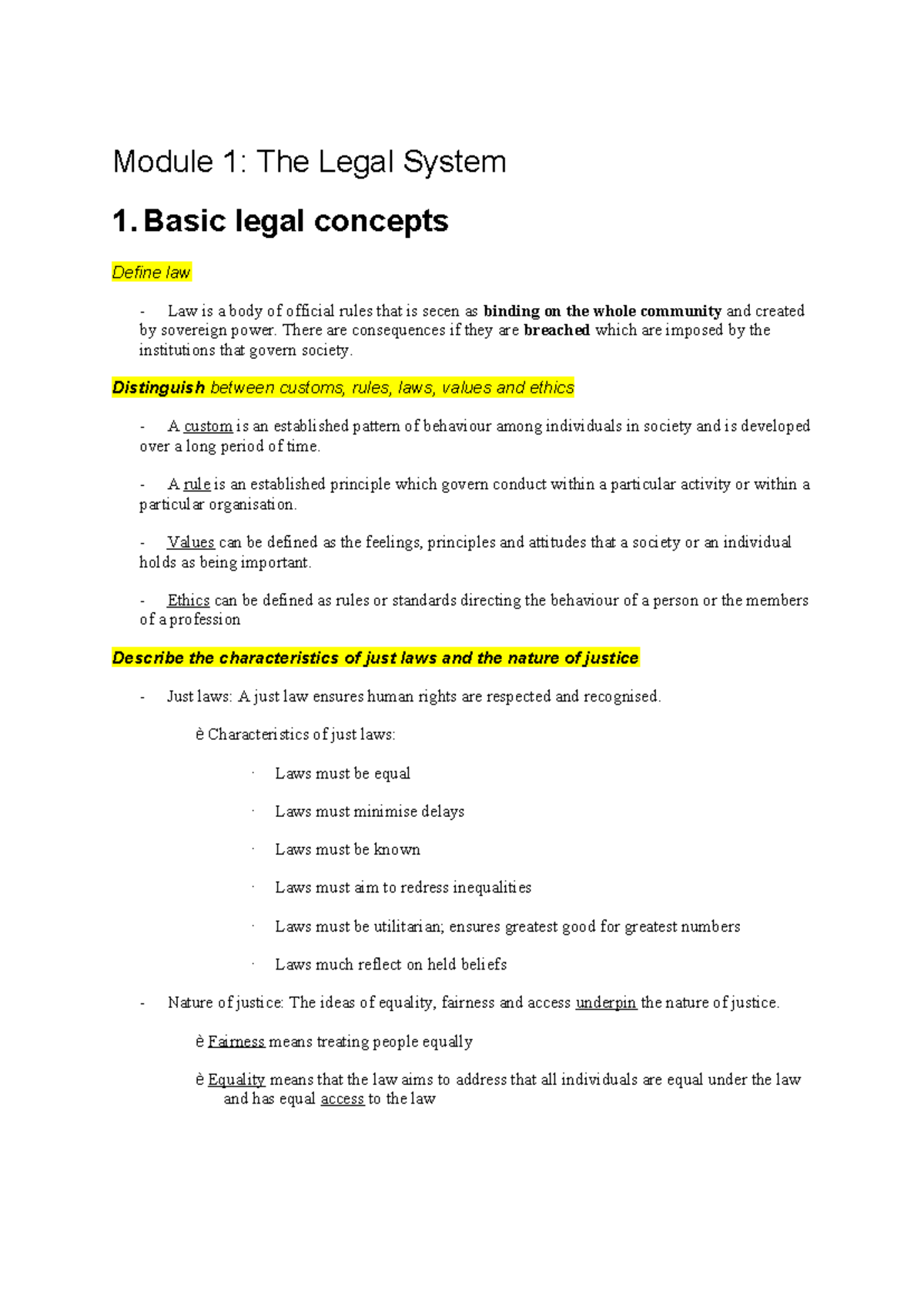 Preliminary Legal Notes Band 6 - Module 1: The Legal System 1. Basic ...