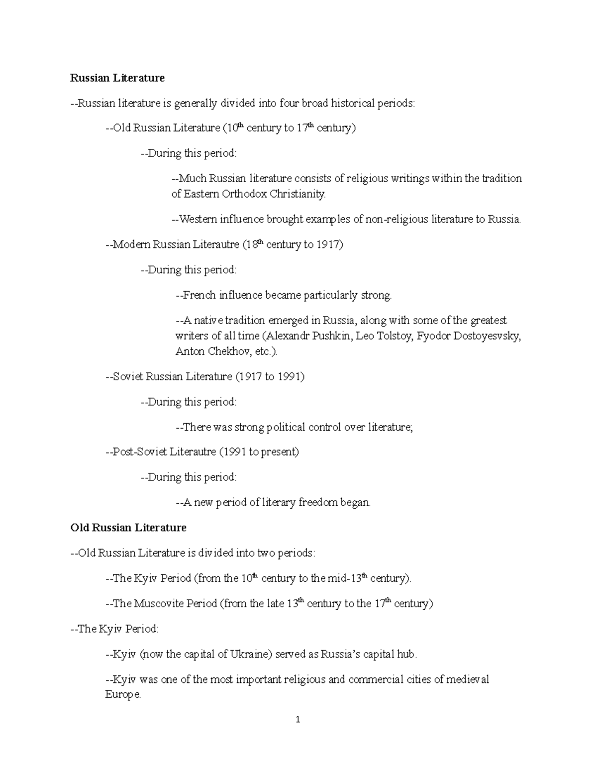 Russian Literature -Western influence brought examples of non-religious ...