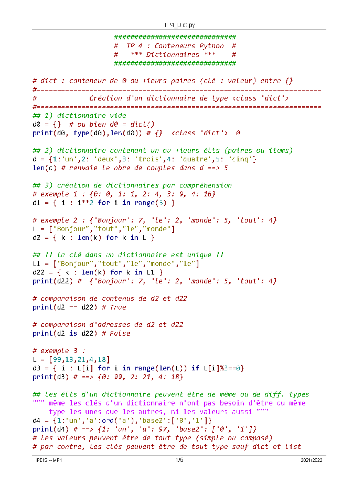 TP4 Dict informatique python detaille - _# TP 4 : Conteneurs Python ...