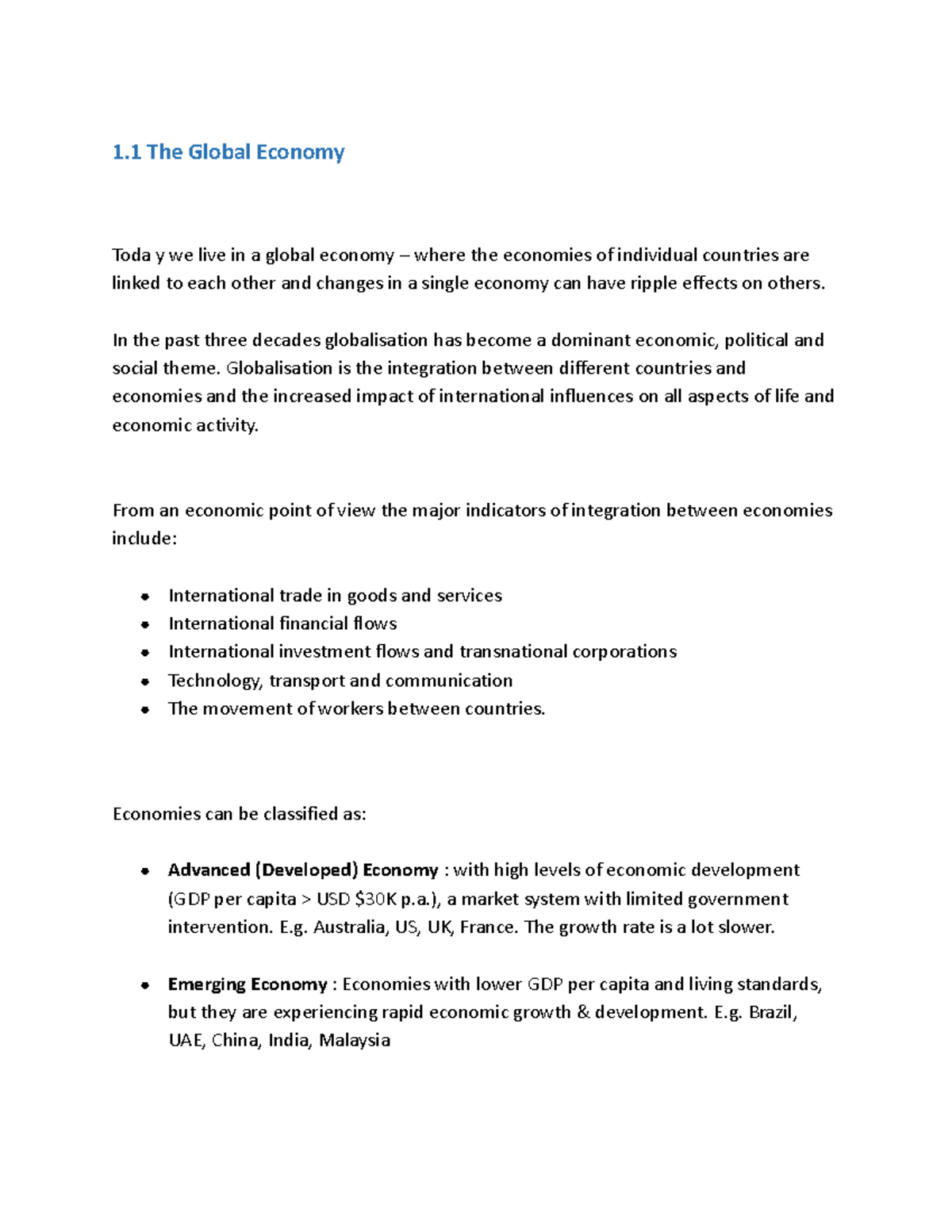 Economics Hsc Topic 1 Notes - 1 The Global Economy Toda y we live in a ...
