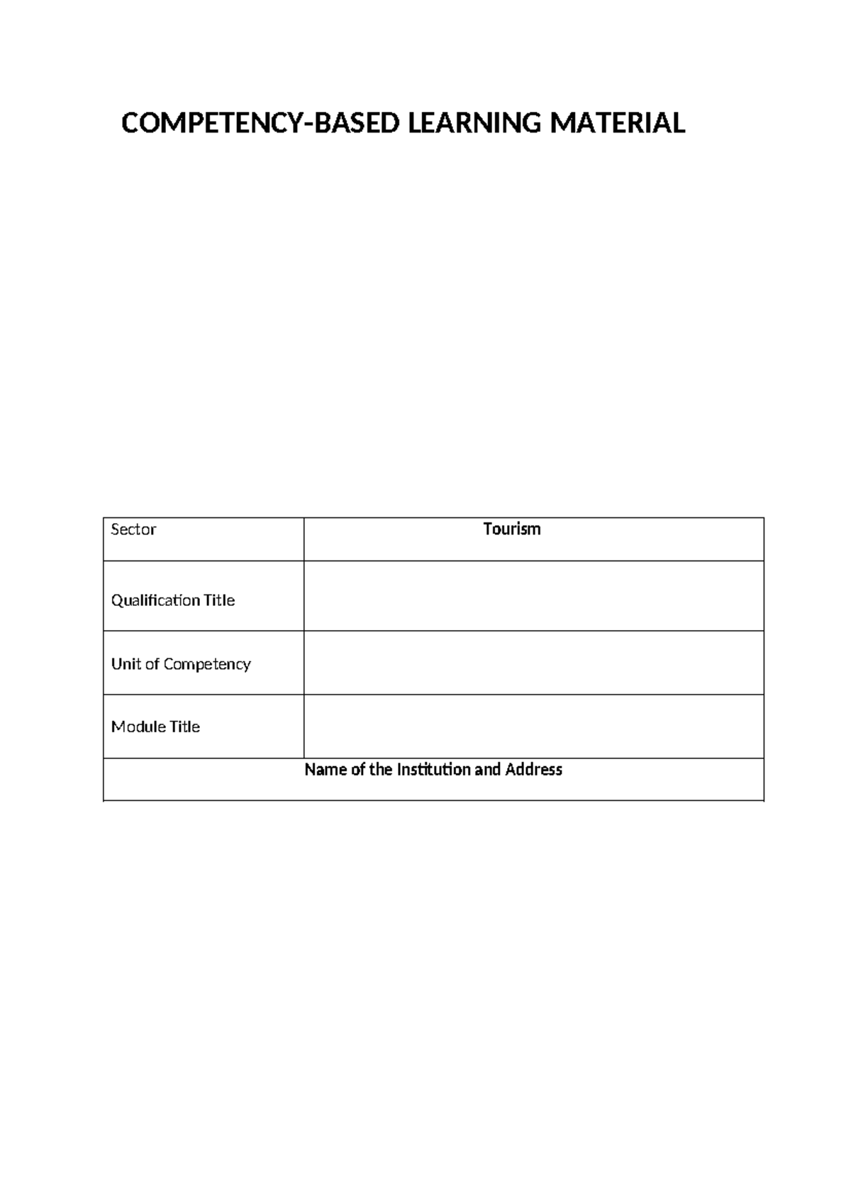 CBLM editable file - CBLM - COMPETENCY-BASED LEARNING MATERIAL Sector Tourism Qualification ...