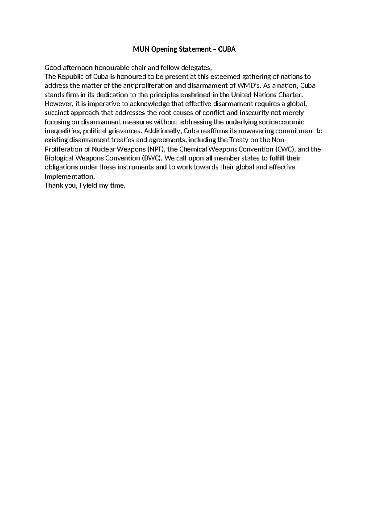 MUN Opening Statement - As a nation, Cuba stands firm in its dedication ...