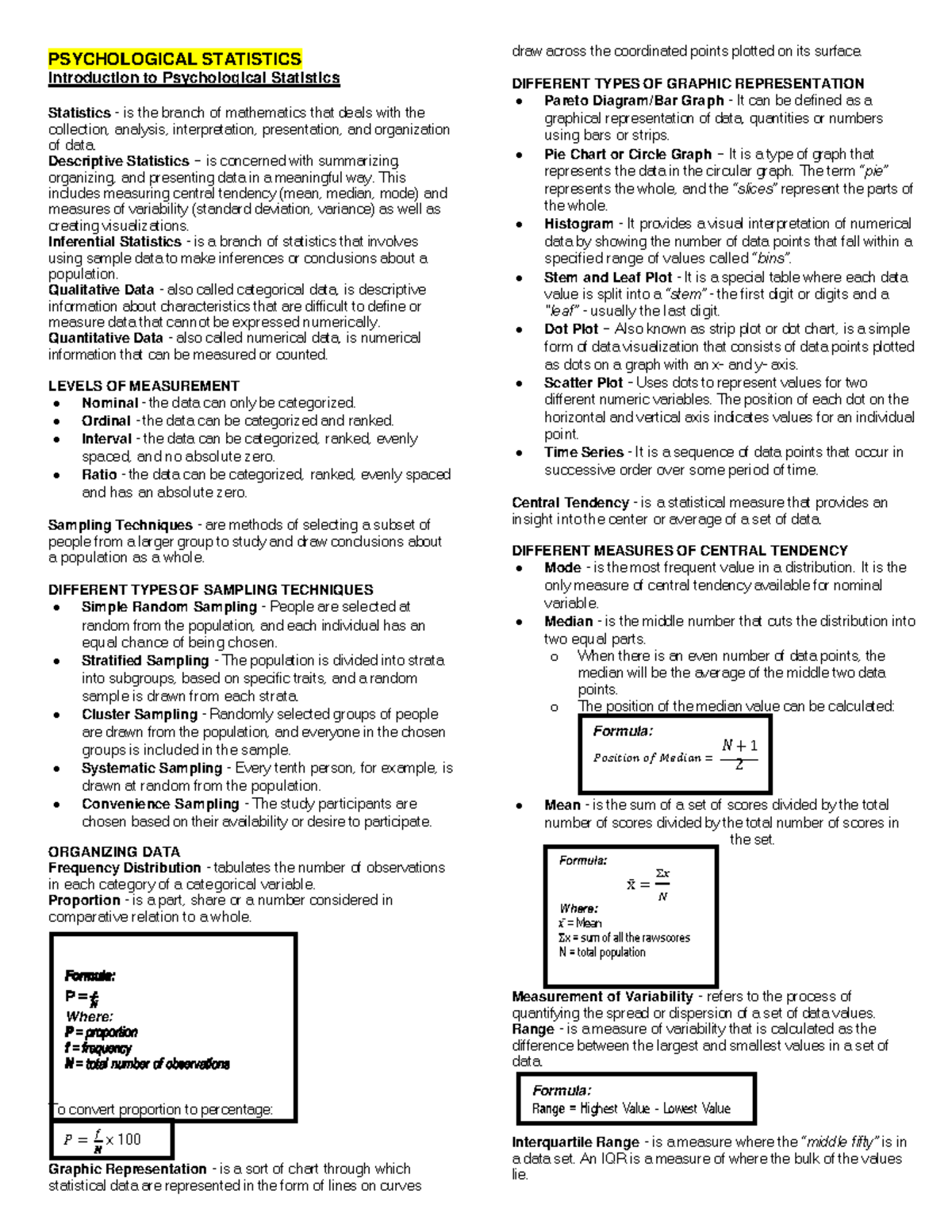 Psychstats Reviewer - Materials - Formula: Σ𝑥 x̄ = 𝑁 Where: x̄ = Mean x ...