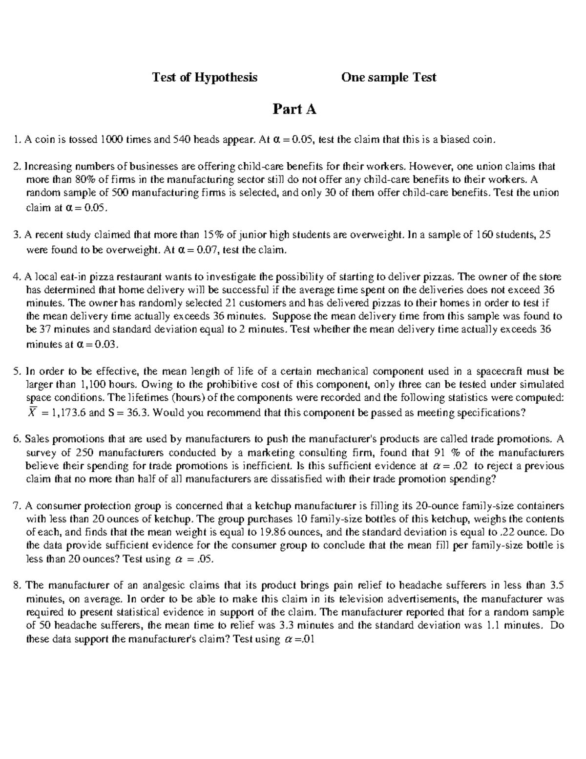 Microsoft Word - Test of Hypothesis One sample Test - Test of ...