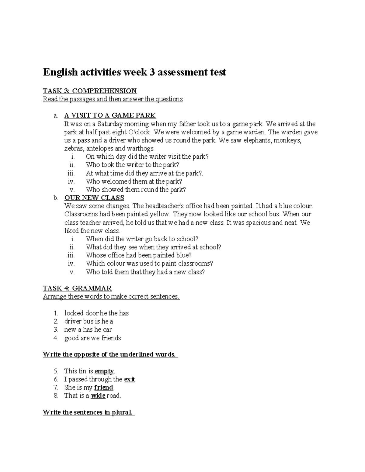 English-activities - English activities week 3 assessment test TASK 3: COMPREHENSION Read the ...