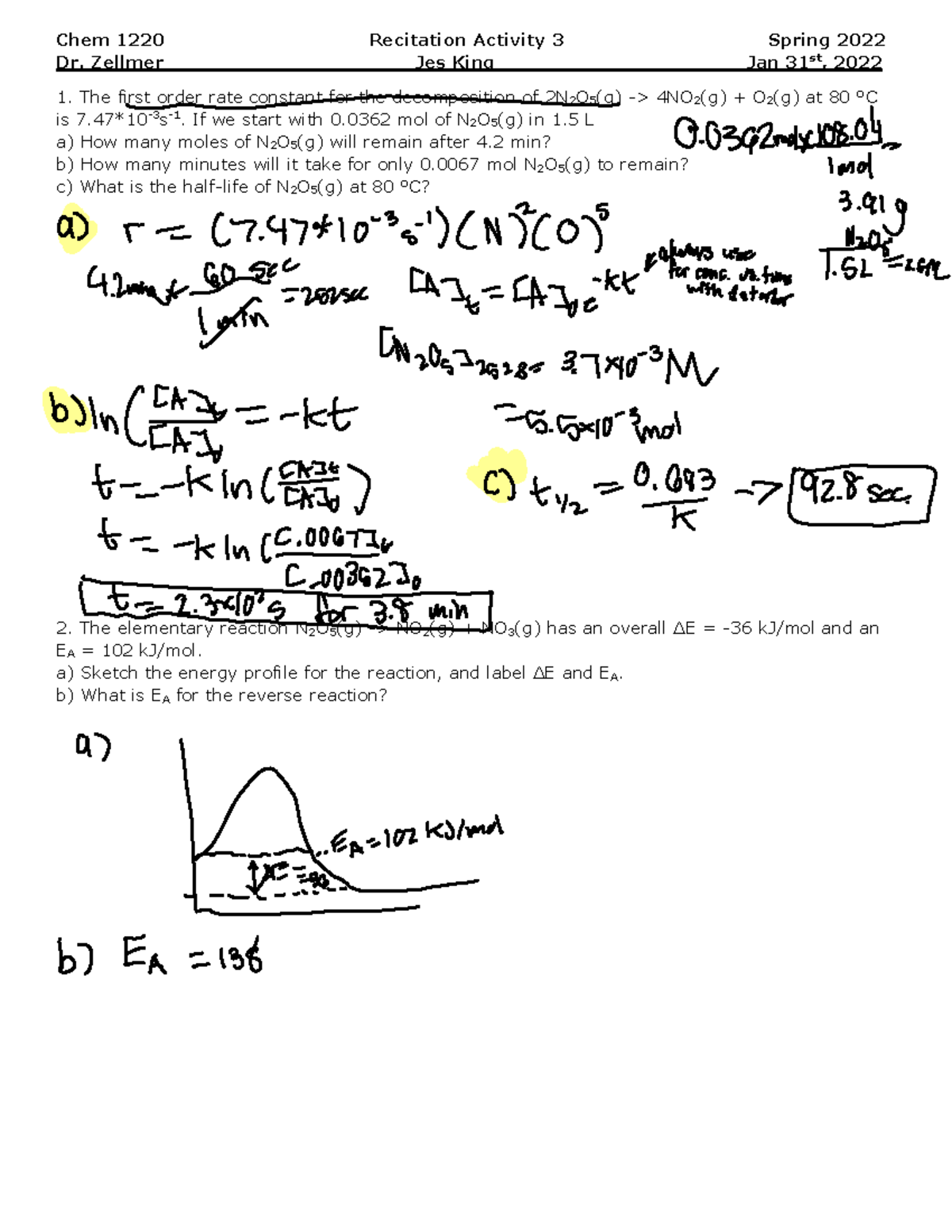 Chem1220 SP22 Rec Activity 03 - Dr. Zellmer Jes King Jan 31st, 2022 The ...