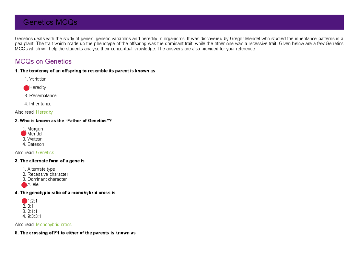 Important MCQs on Genetics. Free Download - Genetics MCQs Genetics ...