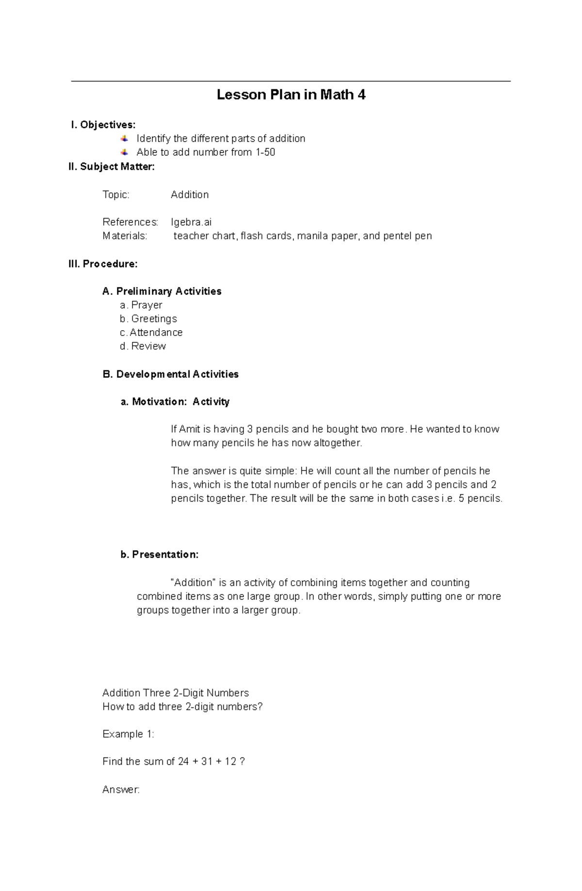 Semi-Detailed-Lesson-Plan addition - - Studocu