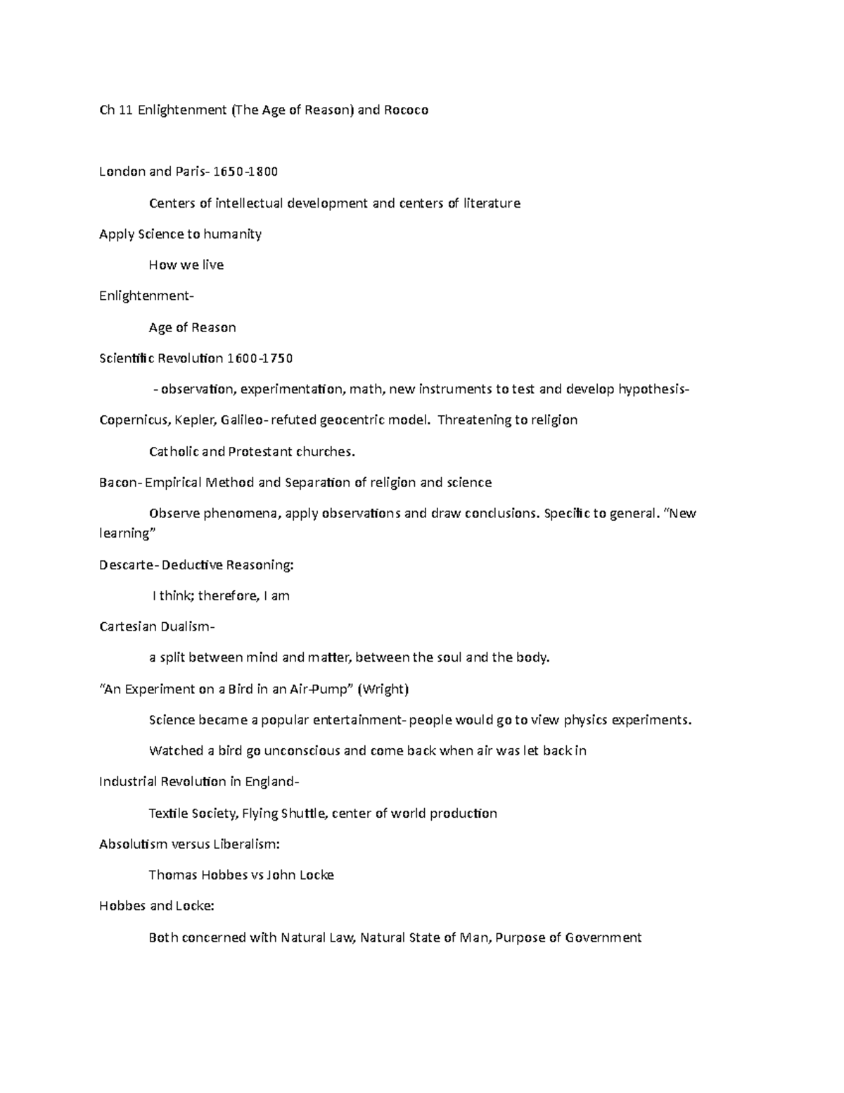 Notes Ch 11 Enlightenment - Ch 11 Enlightenment (The Age of Reason) and ...