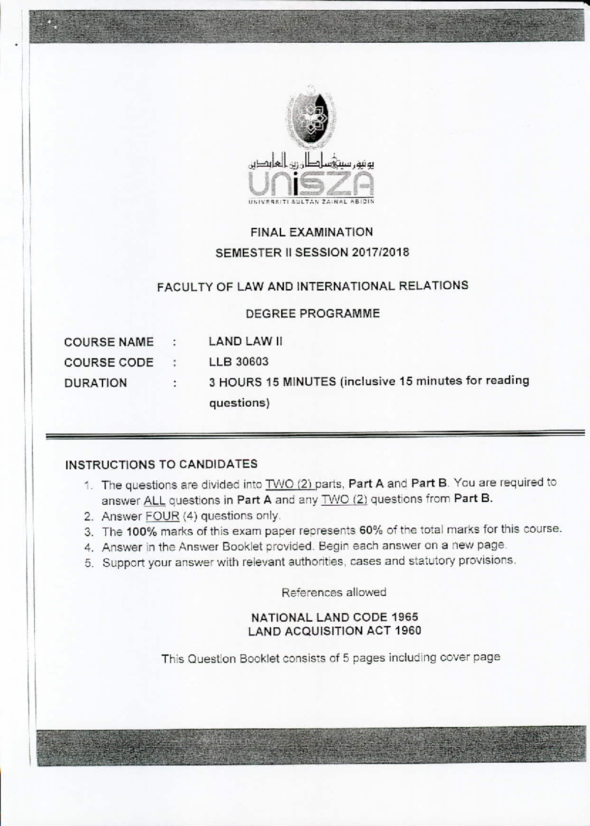 10 LLB30603 Final Exam FUHA sem - Land Law II - Studocu