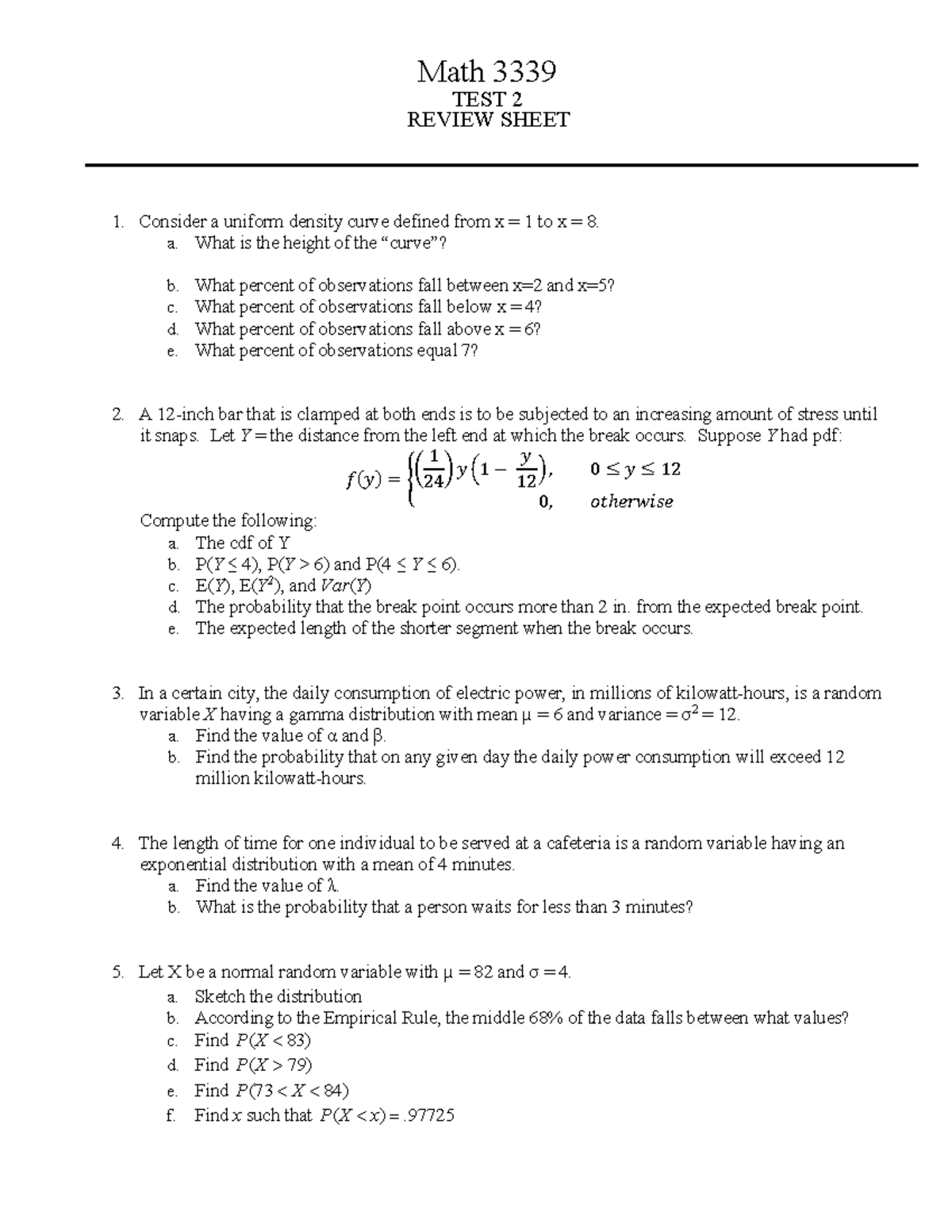 Test2 review - Math 3339 TEST 2 REVIEW SHEET Consider a uniform density ...