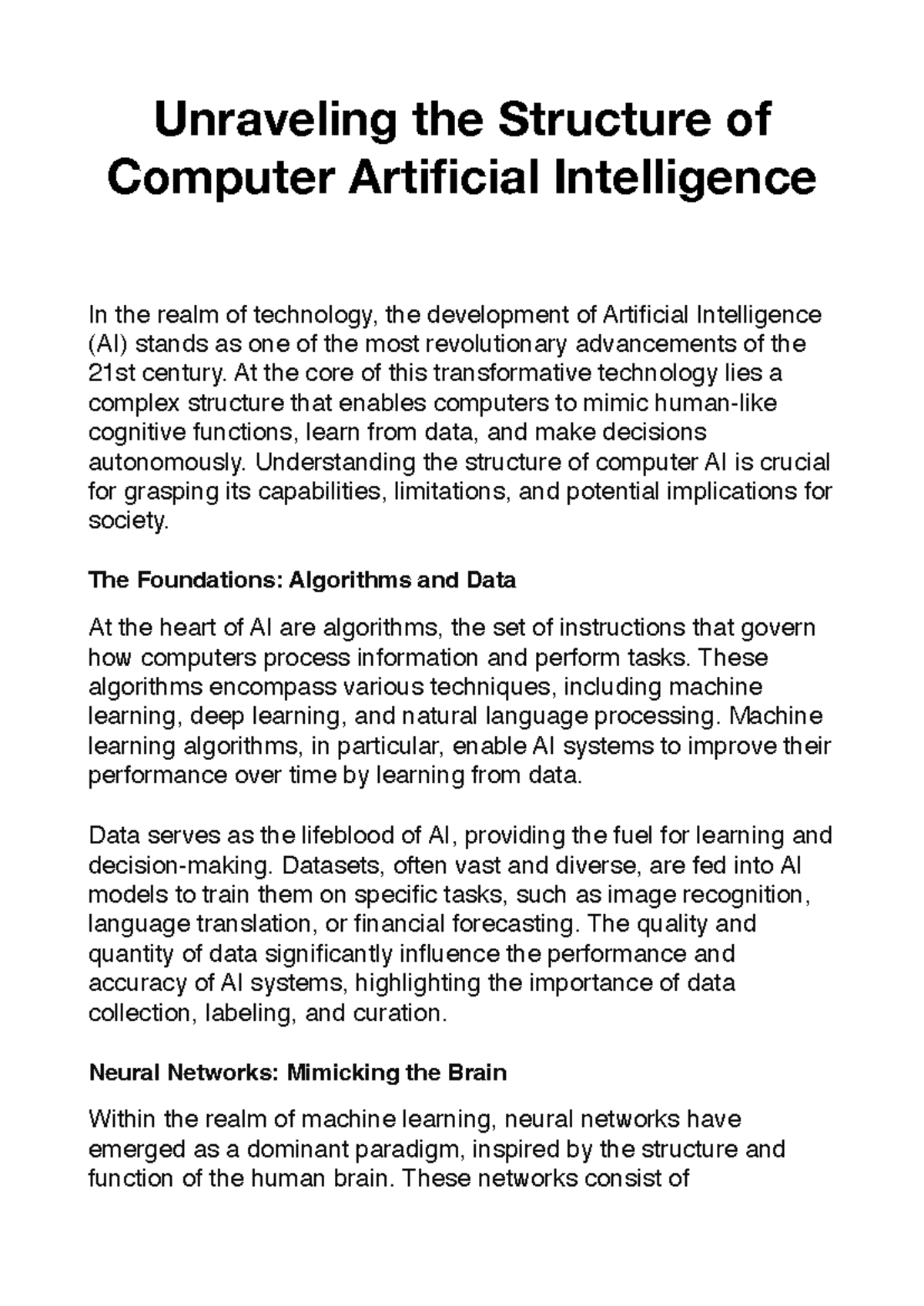 Unraveling The Structure Of Computer Artificial Intelligence At The Core Of This