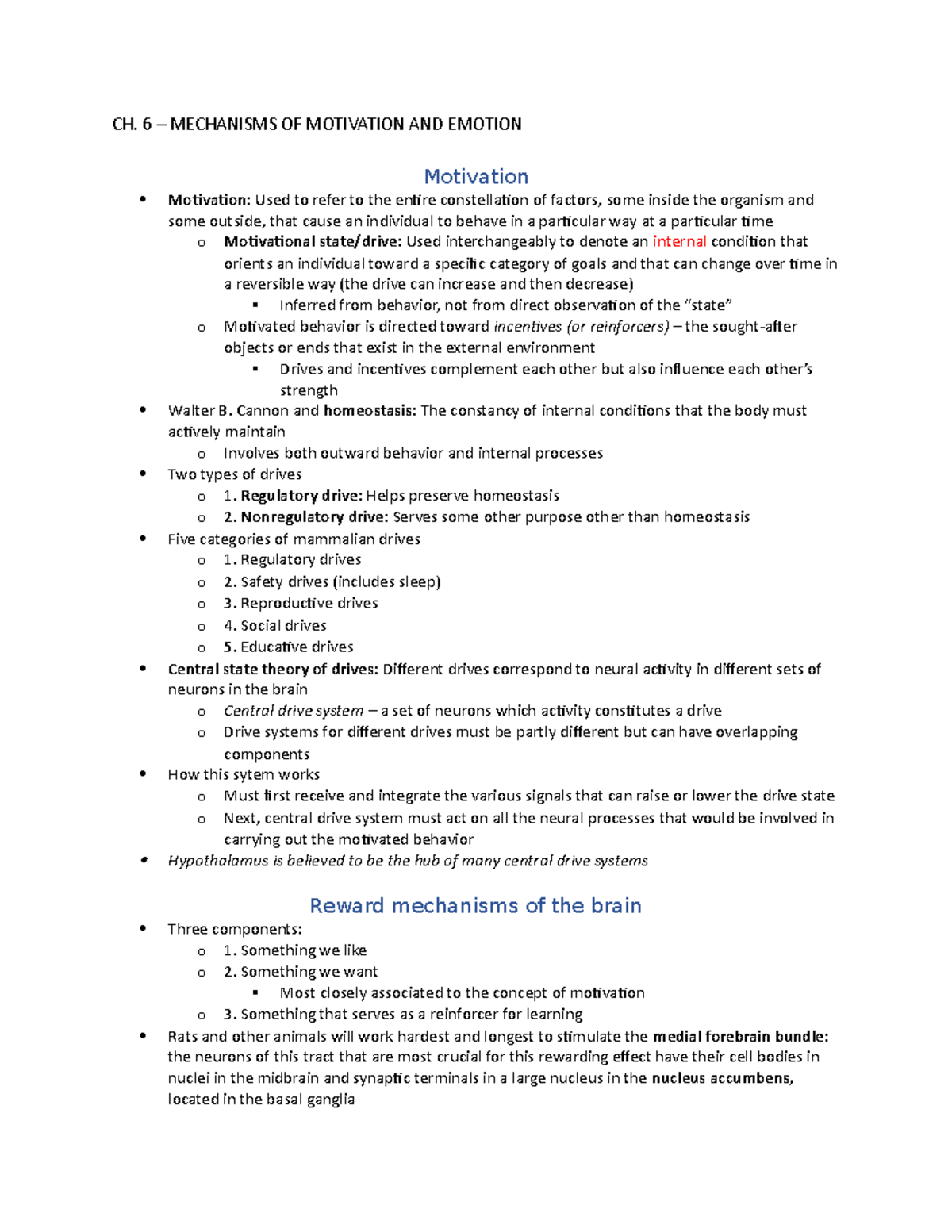 CH. 6 Textbook notes - CH. 6 – MECHANISMS OF MOTIVATION AND EMOTION ...