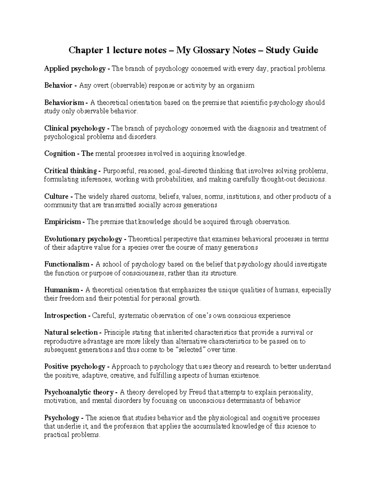 Chapter 1 lecture notes – My Glossary Notes – Study Guide - PSY101 ...