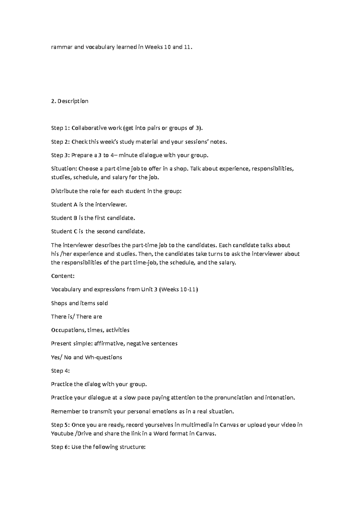 Rammar and vocabulary learned in Weeks 10 and 11 - rammar and ...