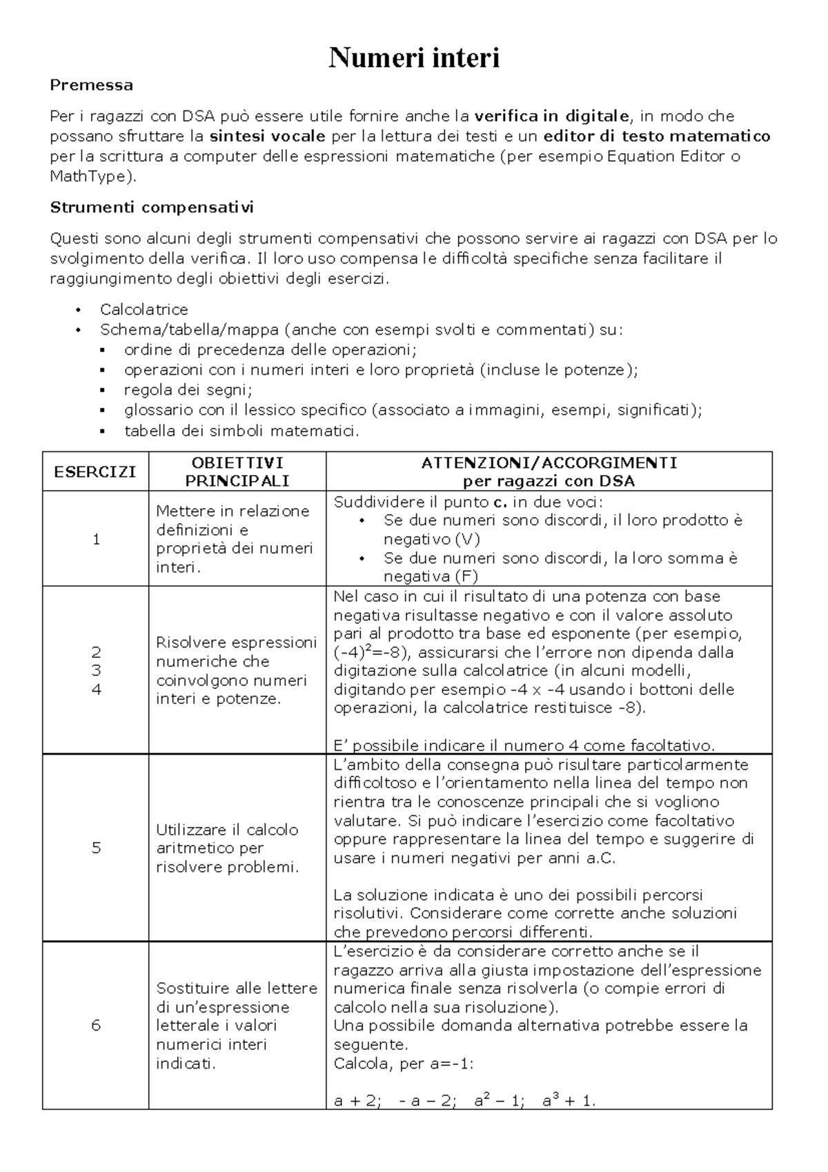 02 Numeri interi Prova 1 blu tabella DSA - Numeri interi Premessa Per i ...