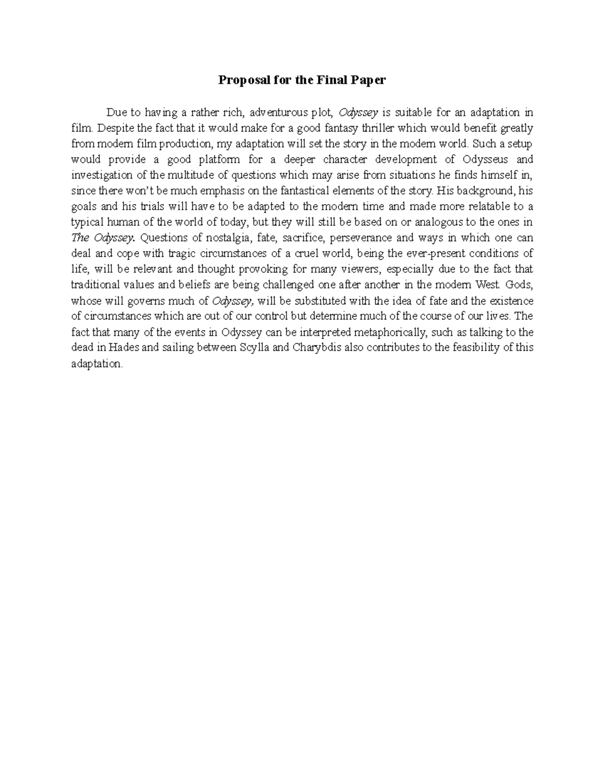 HUM200 Final Paper Proposal - Proposal for the Final Paper Due to ...