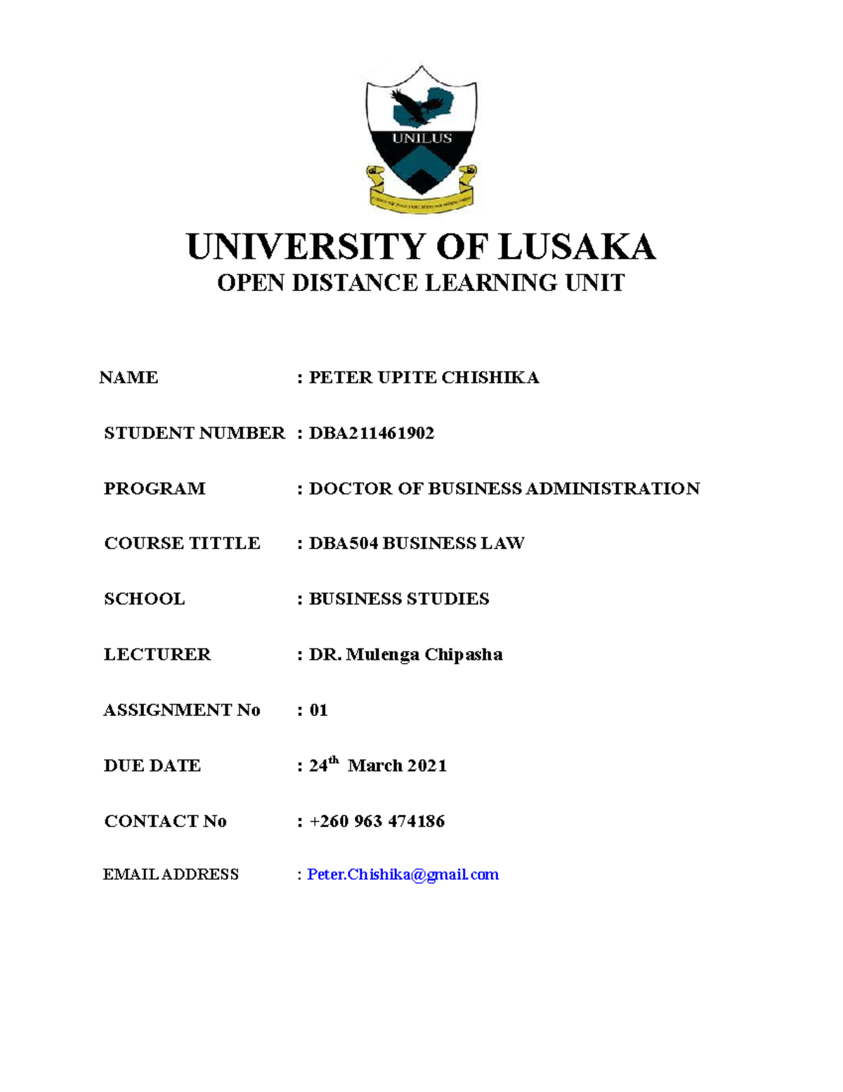 DBA Bunsiness Law - Assignment 1 - UNIVERSITY OF LUSAKA OPEN DISTANCE ...