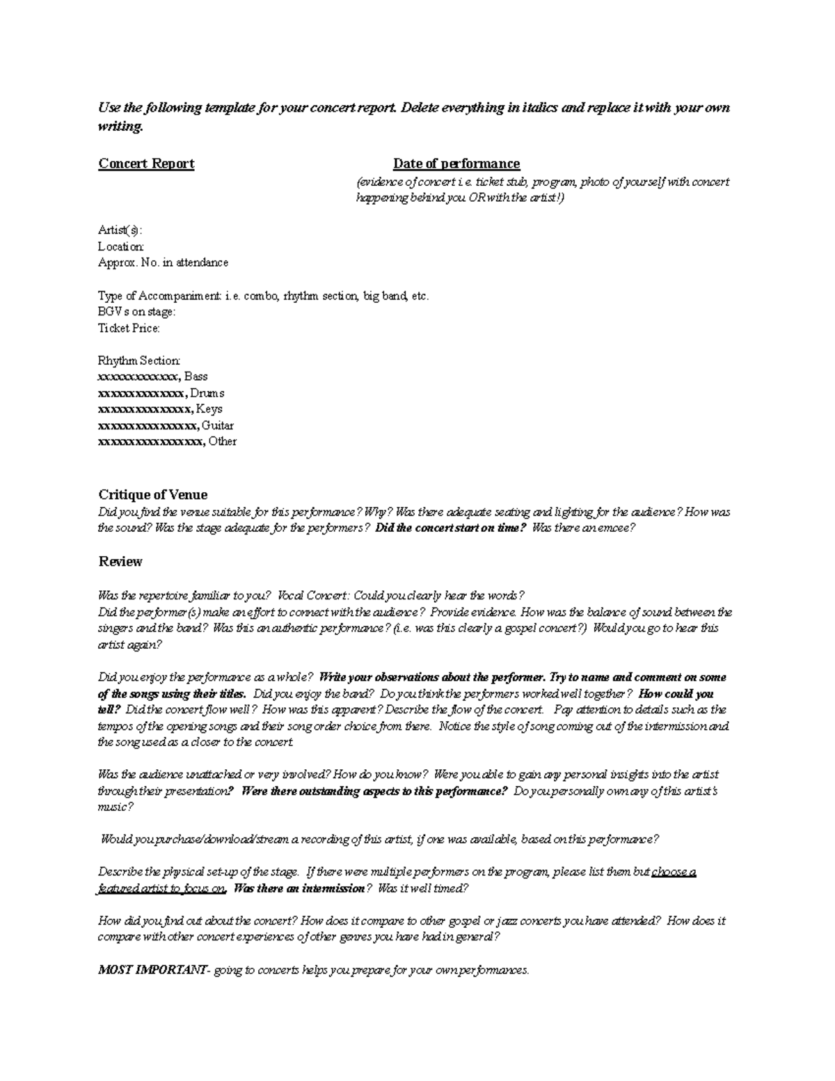 Concert Report Template - Use the following template for your concert ...