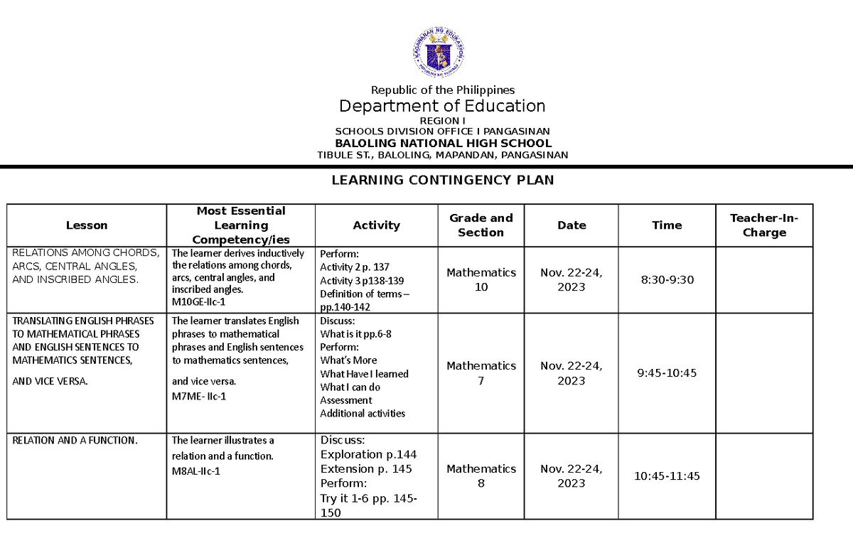 Learning-Contingency-Plan - Republic of the Philippines Department of ...