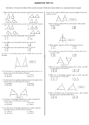 Summative test 3 - Mathematics 8 - Directions: Choose the letter of the ...