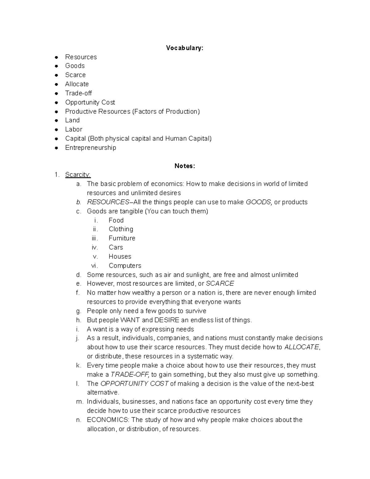 Econ Lesson 1: Resources and Scarcity - Vocabulary: Resources Goods ...