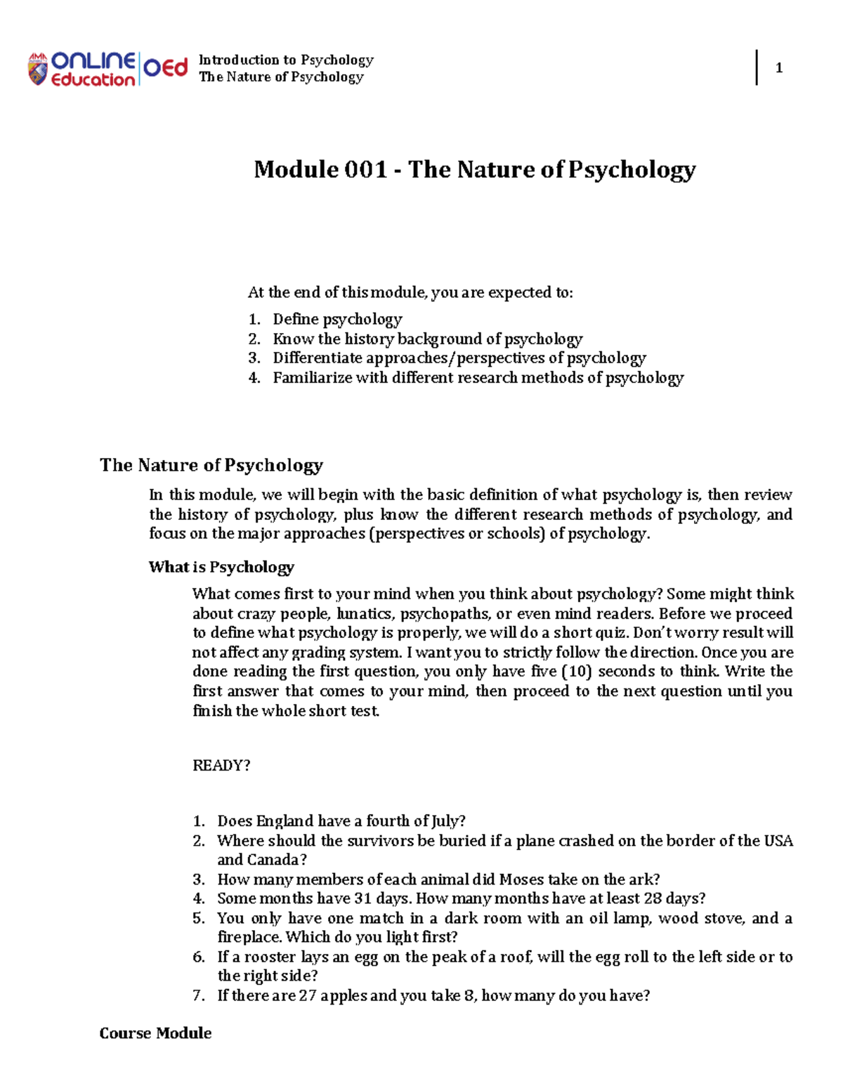 Module 001 - The Nature of Psychology - Introduction to Psychology The Nature of Psychology 1 ...