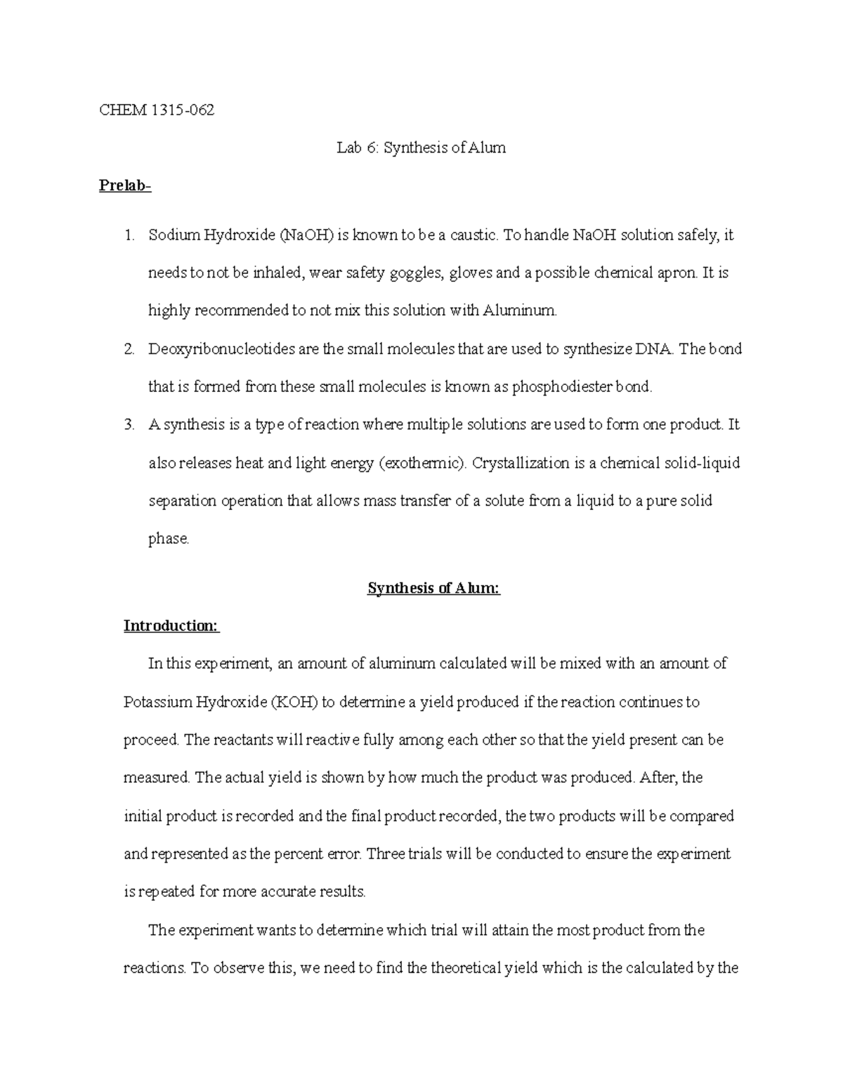 Lab 6 Assignment - CHEM 1315- Lab 6: Synthesis of Alum Prelab- Sodium ...