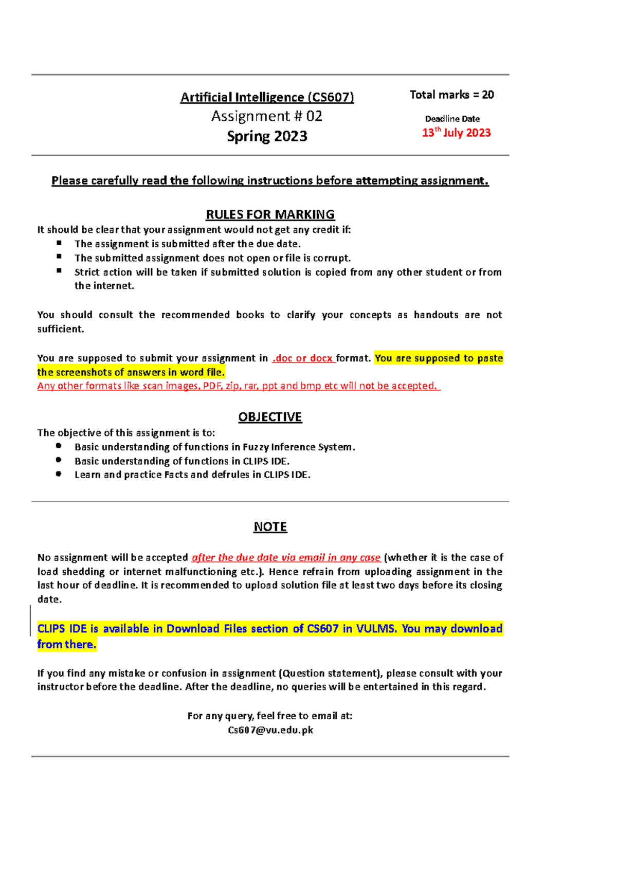 Spring 2023 CS607 2 - Artificial Intelligence (CS 607 ) Assignment # 02 Spring 2023 Total marks ...