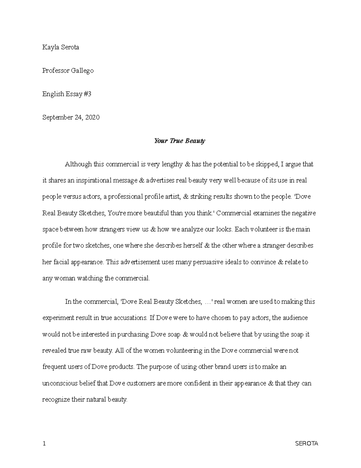 Essay Three - Grade: B+ - Kayla Serota Professor Gallego English Essay ...