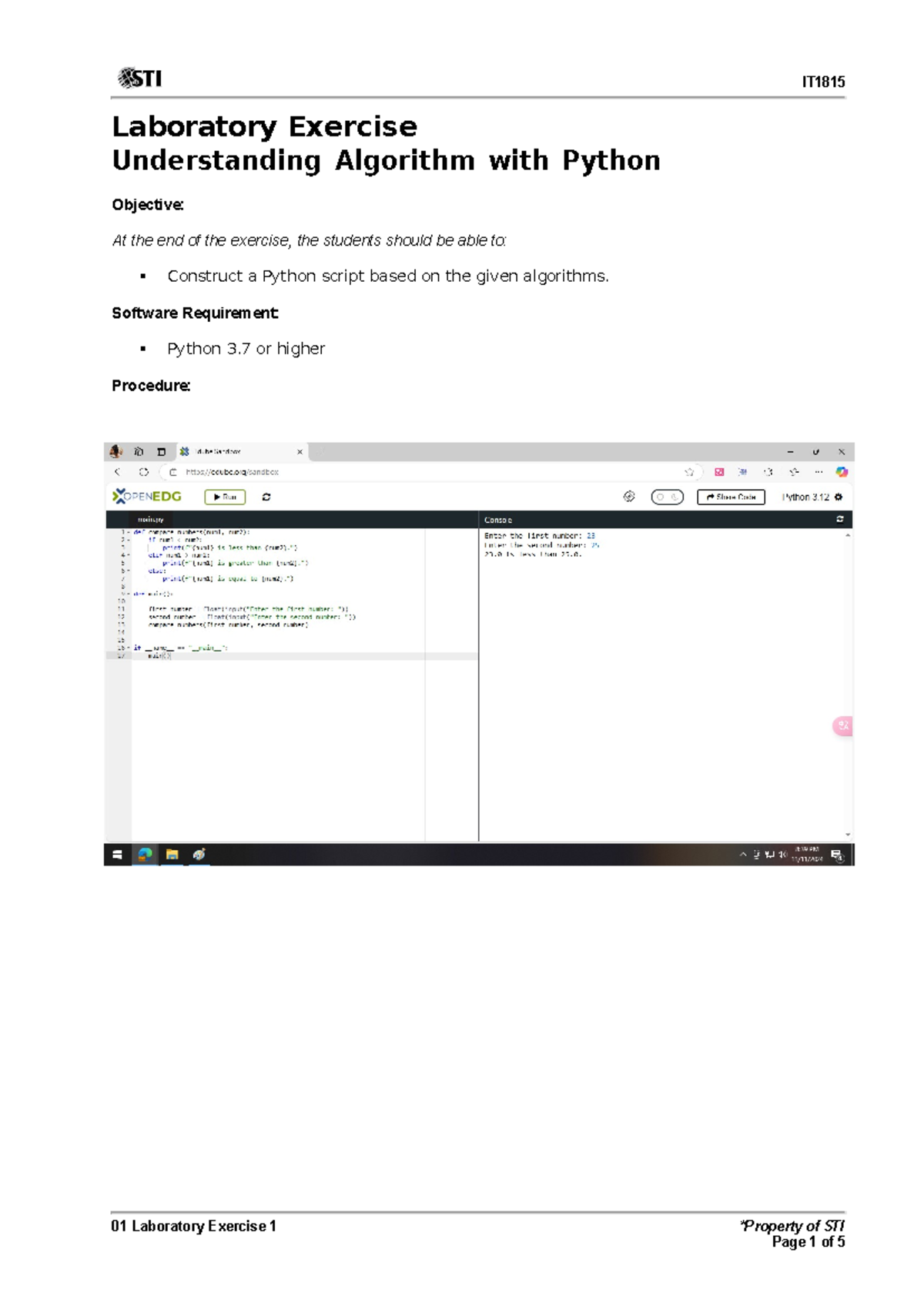 01 Hands-on Activity 1 - 01 Laboratory Exercise 1 *Property of STI Laboratory Exercise ...