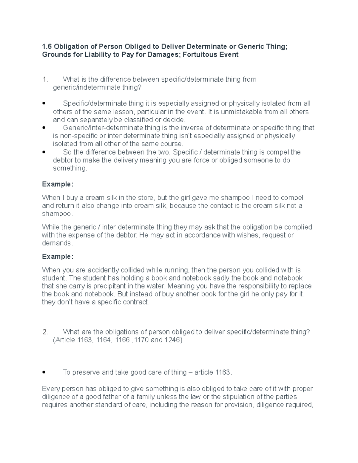 1.6 Obligation of Person Obliged to Deliver Determinate or Generic ...