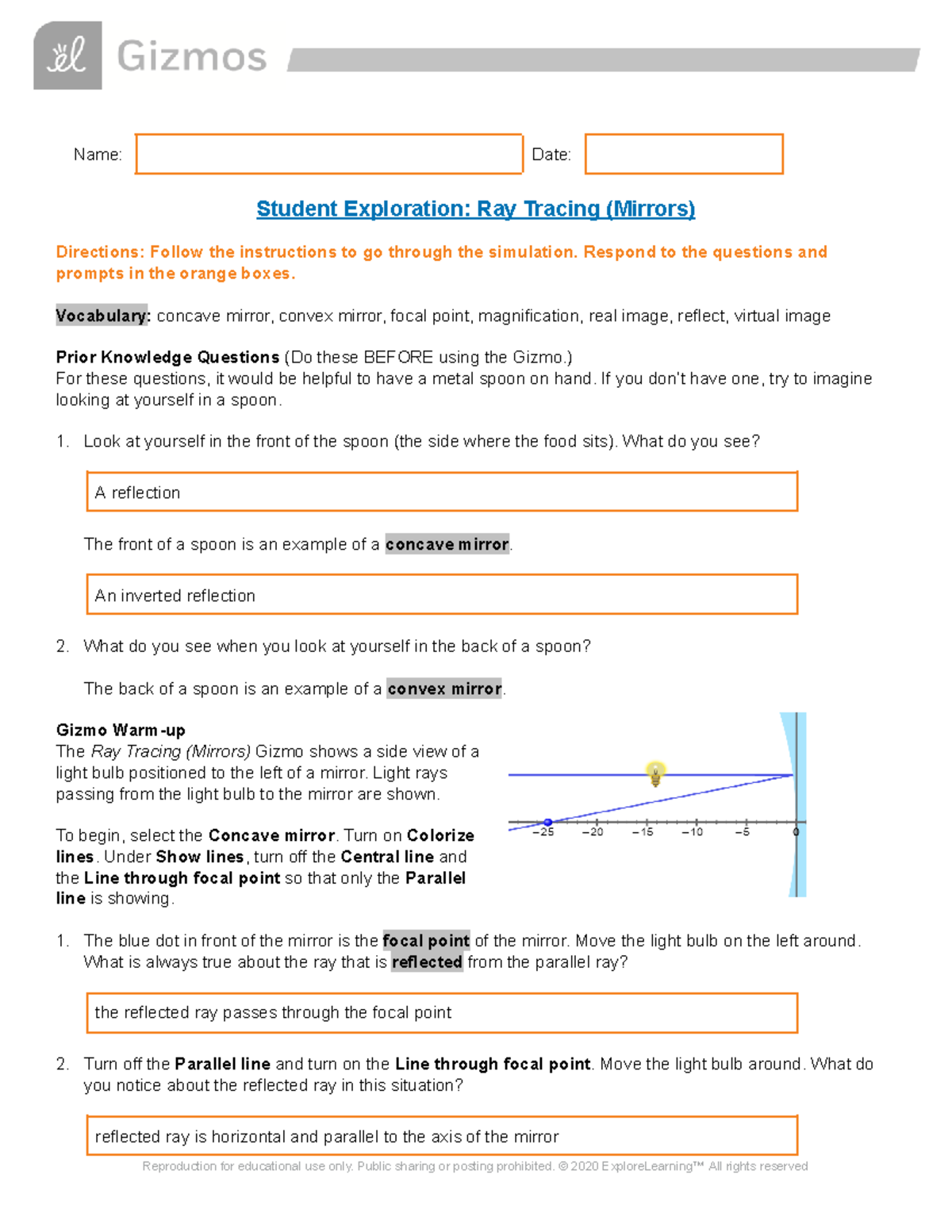 Ray Tracing Mirrors SE - Physics Gizmo - Name: Date: Student ...