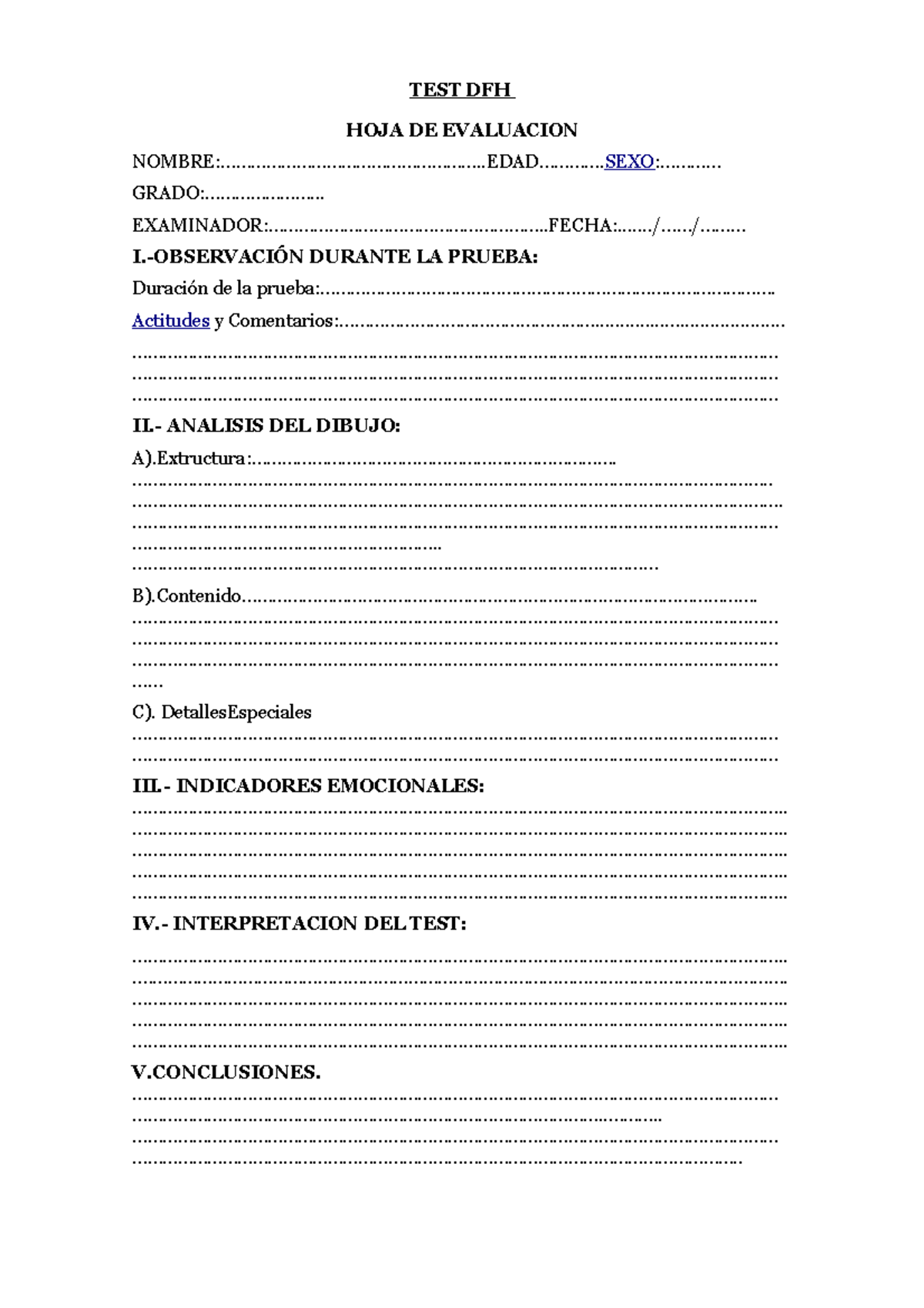 TEST DFH - TES DEL DIBUJO DE LA FIGURA HUMANA - TEST DFH HOJA DE ...