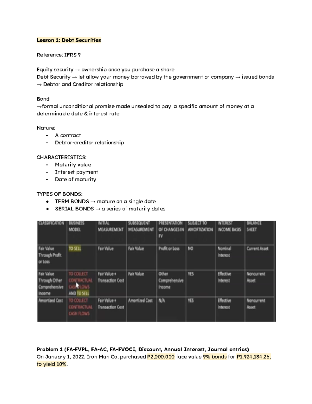 Acyfar 2 Notes - Lesson 1: Debt Securities Reference: IFRS 9 Equity ...